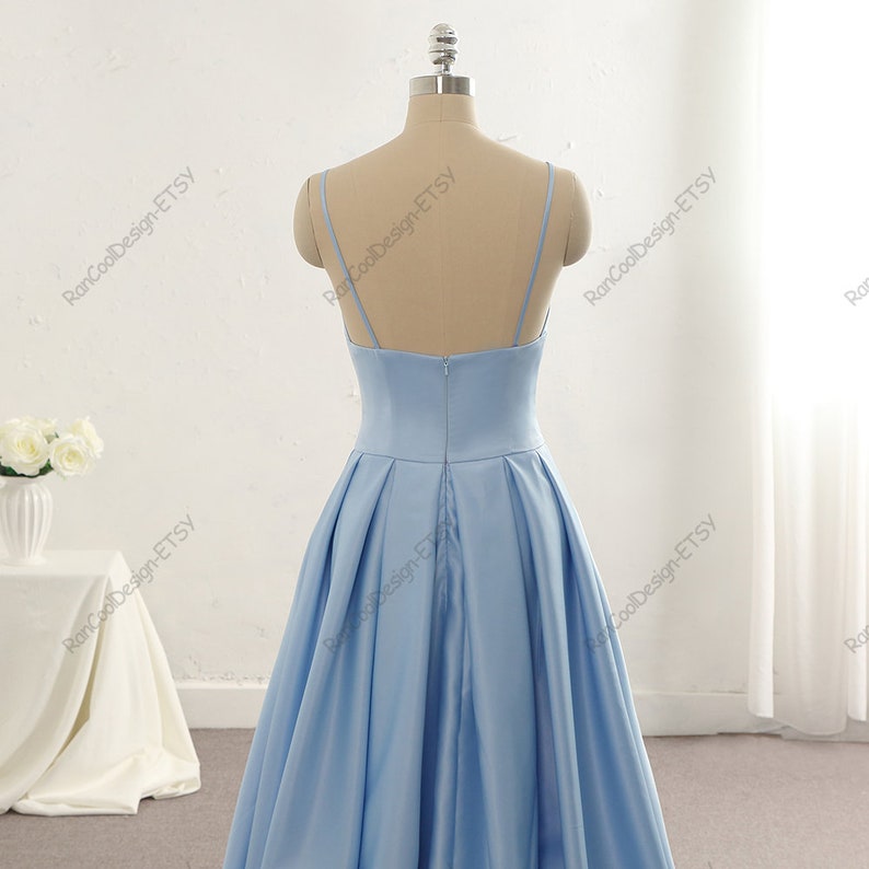 Sky Blue Satin Prom Dress Slit Skirt Formal Dress Girl Graduation Party ...
