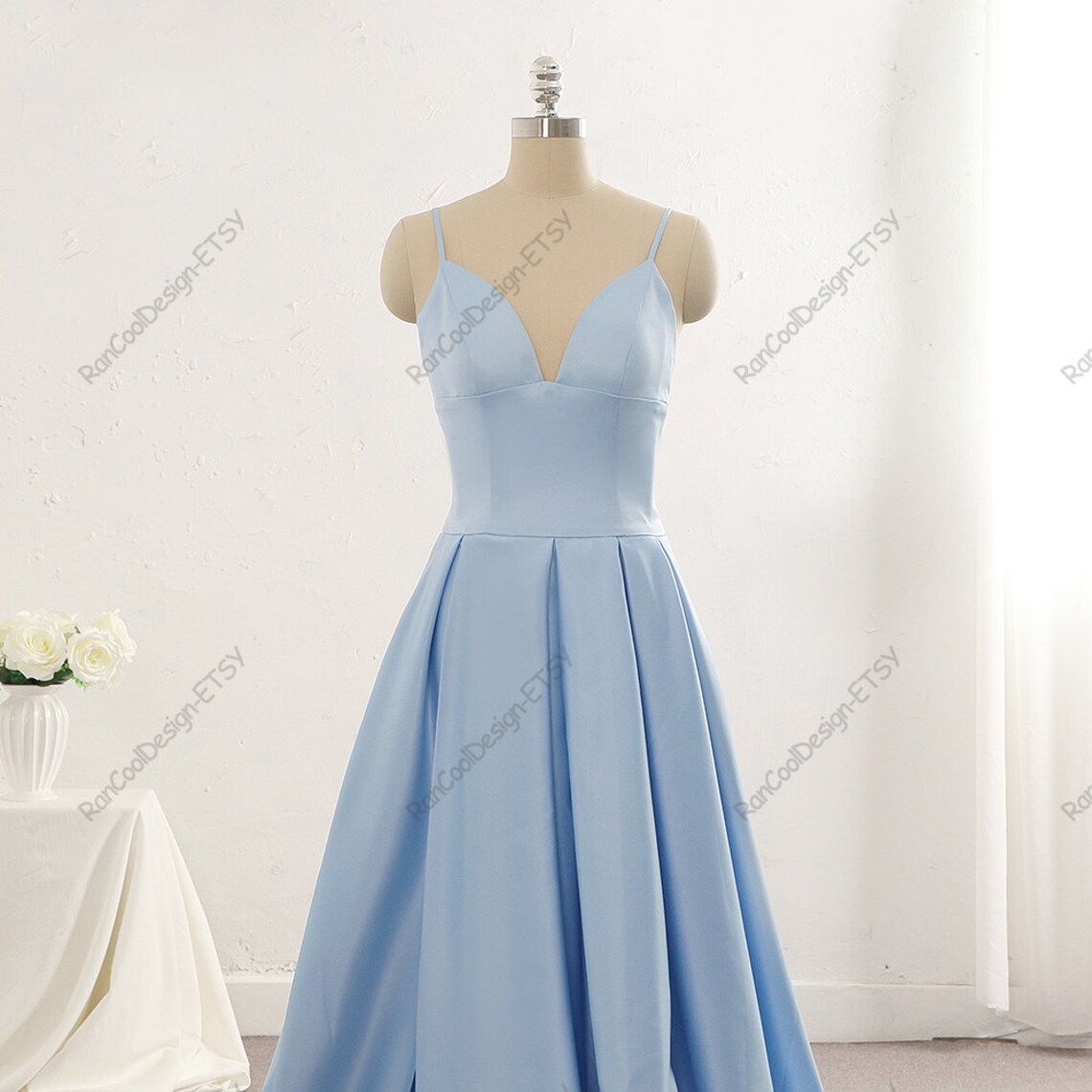 Sky Blue Satin Prom Dress Slit Skirt Formal Dress Girl Graduation Party ...