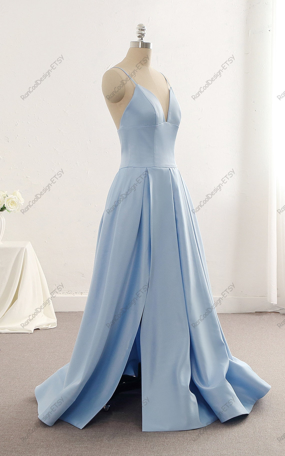 Sky Blue Satin Prom Dress Slit Skirt Formal Dress Girl Graduation Party ...