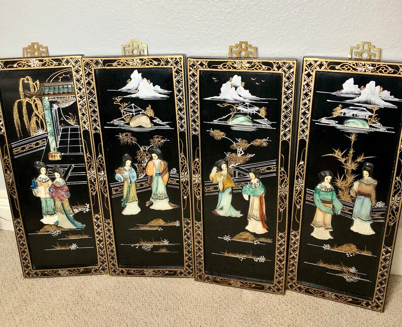 Black Laquer Carved Shell Asian Wall Art Panels Set of 4 Mid Century ...