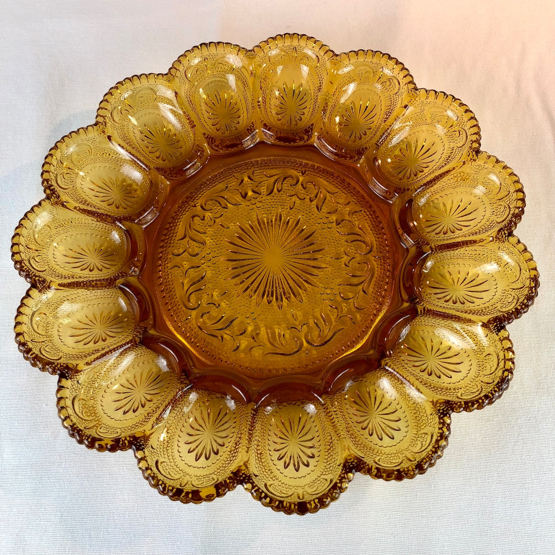 Vintage Amber Glass Egg Plate / Dish Stunning Details and Shine 11 Inch ...