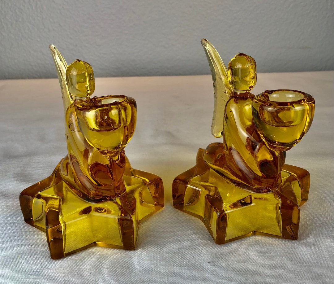 Vintage Amber Glass Angels Kneeling on Stars Taper Candleholders by LE ...