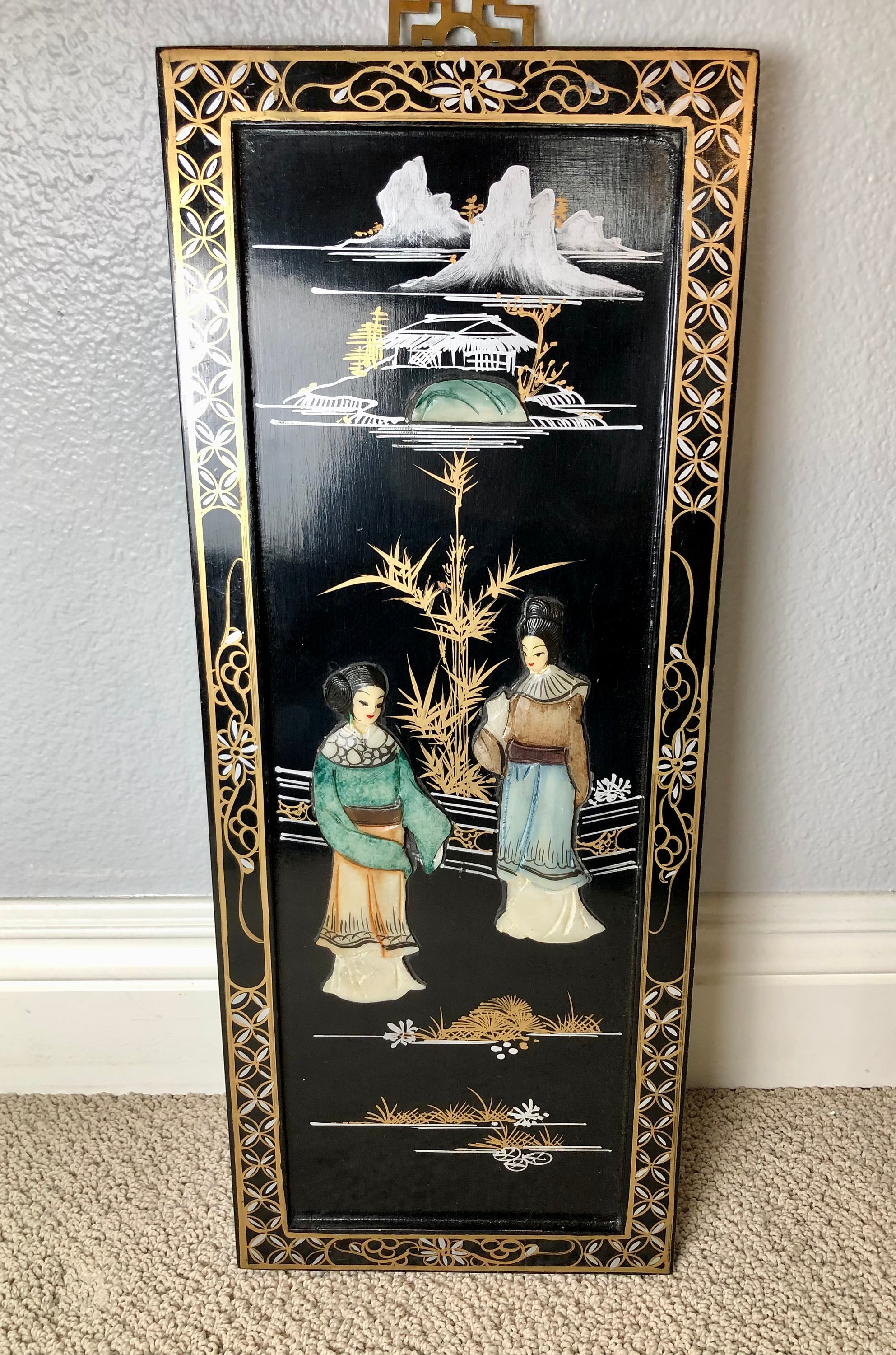 Black Laquer Carved Shell Asian Wall Art Panels Set of 4 Mid Century ...