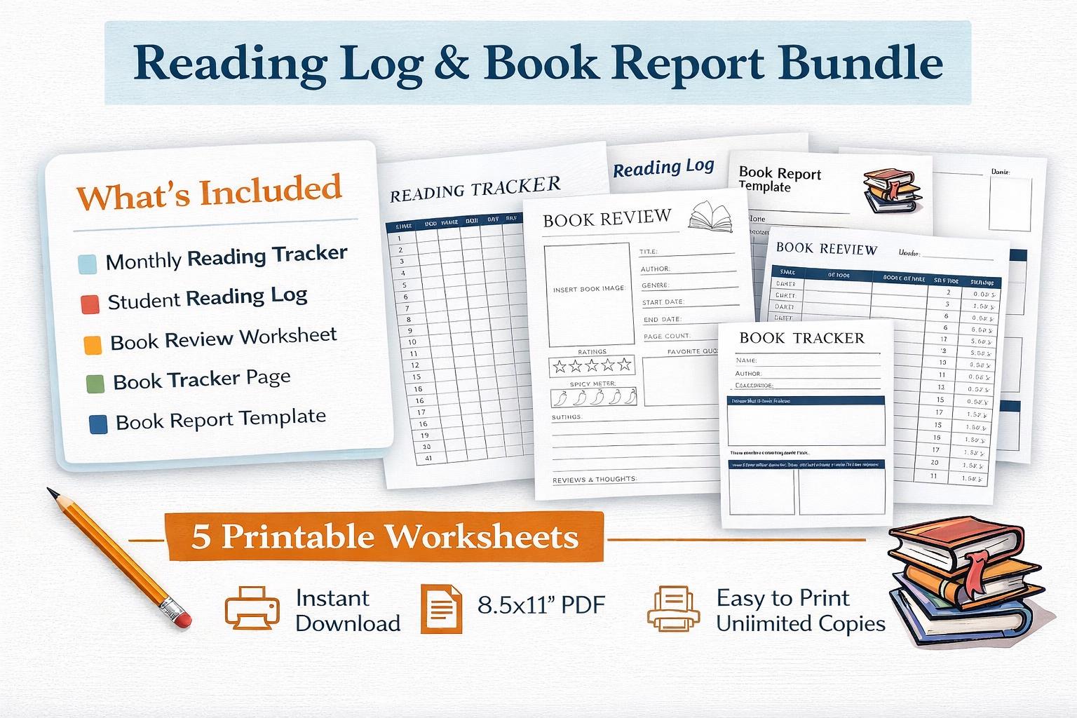 Reading Log & Book Report Bundle Printable, Student Reading Tracker ...