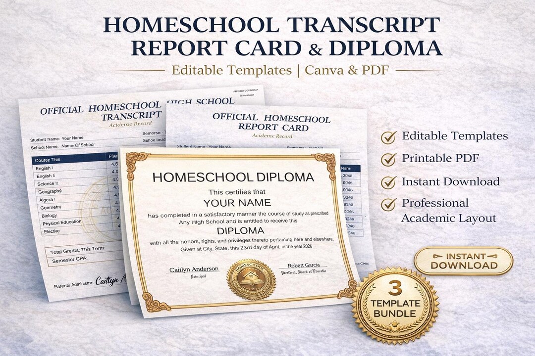 Homeschool Transcript, Report Card and Diploma Template Bundle Editable ...