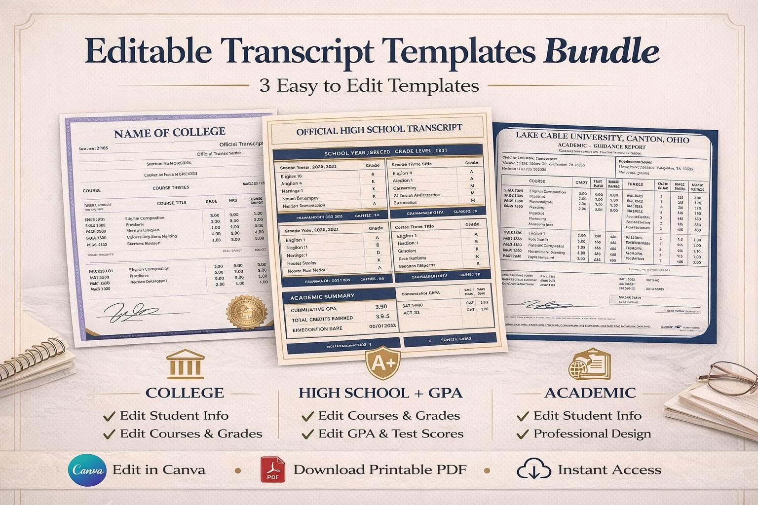 Editable Transcript Template Bundle | High School & College Transcript ...