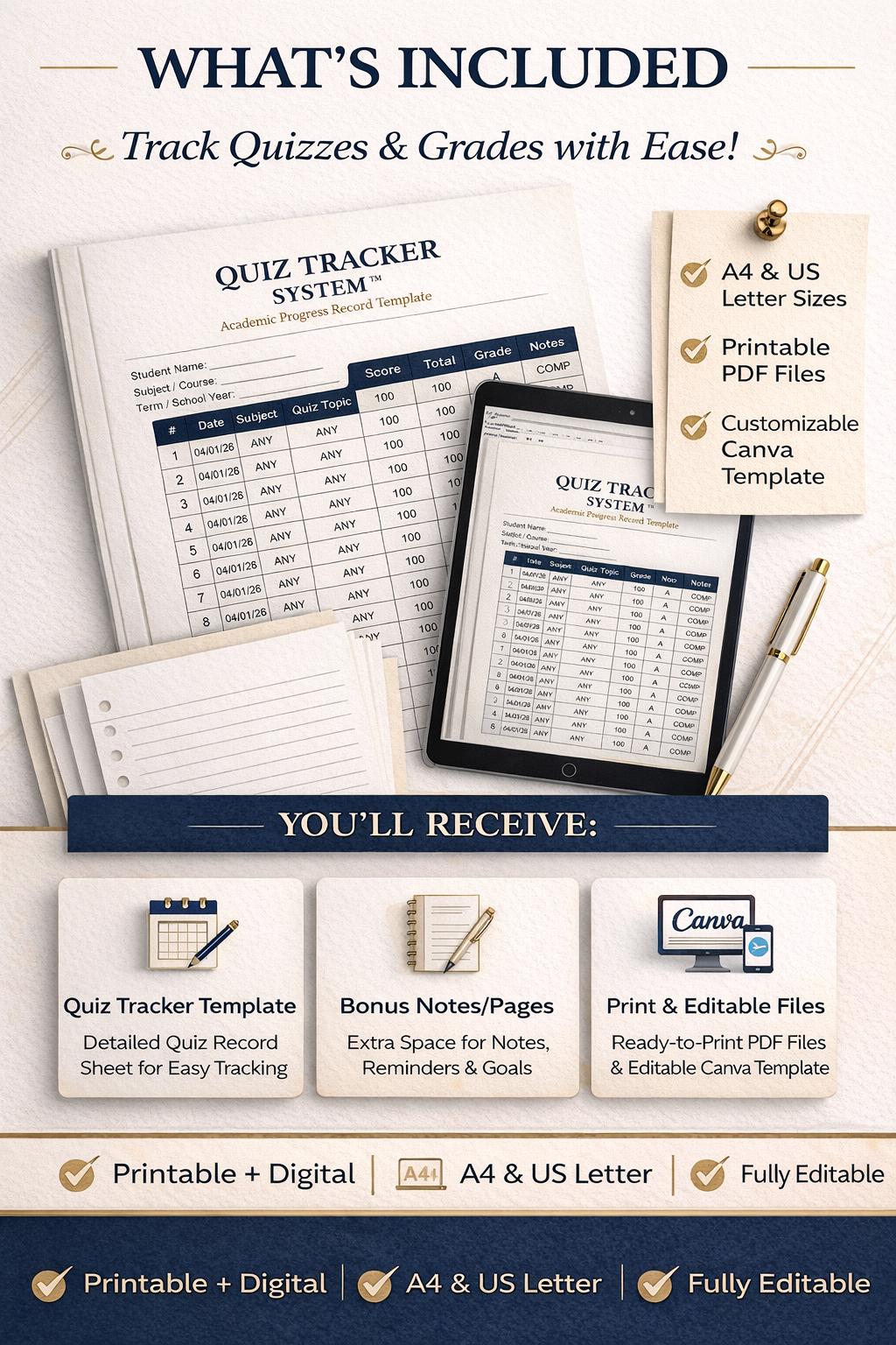 Editable Quiz Tracker Template Canva, Homeschool Grade Tracker ...