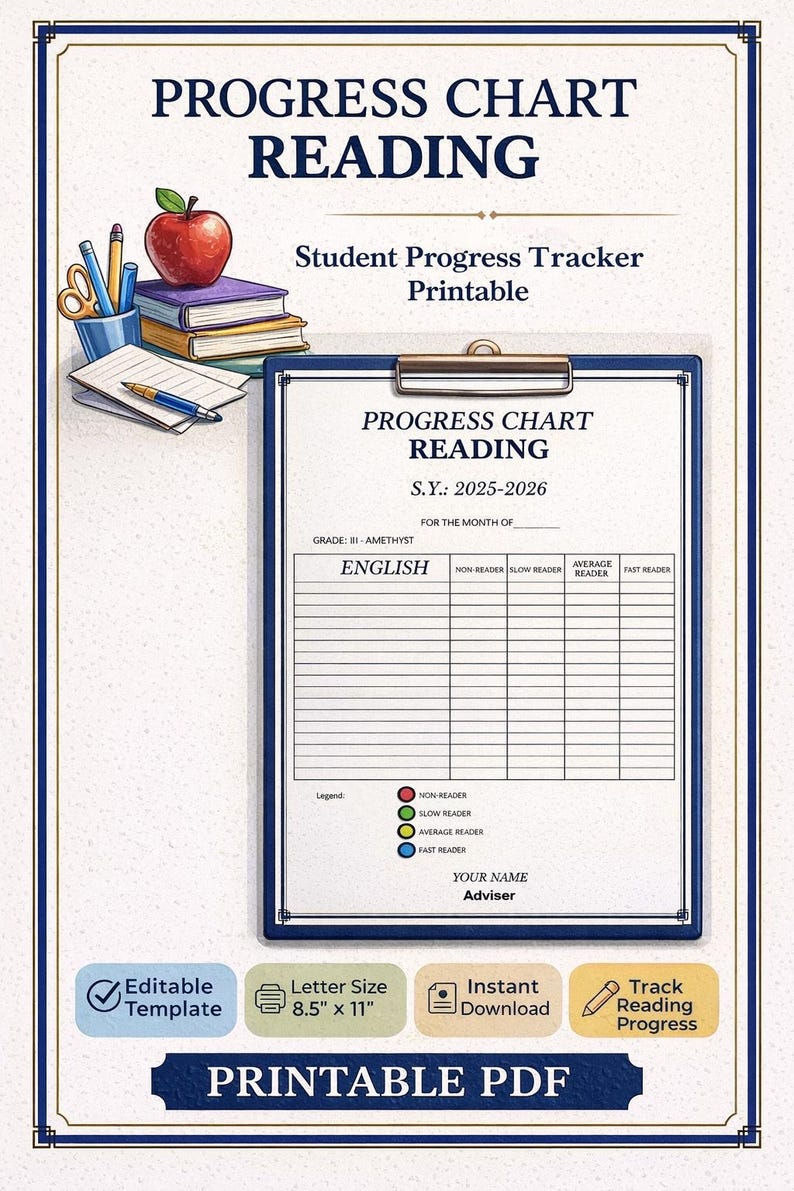 Reading Progress Chart Printable, Academic Template, Student Progress ...