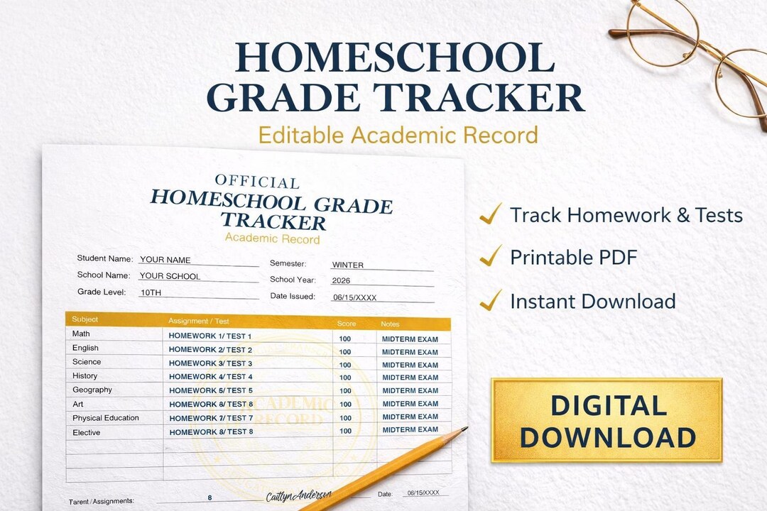 Homeschool Grade Tracker Printable, Assignment & Test Log, Academic ...