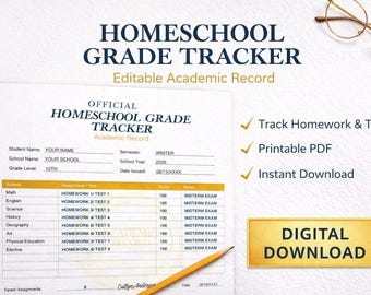 Homeschool Grade Tracker Printable, Assignment & Test Log, Academic ...