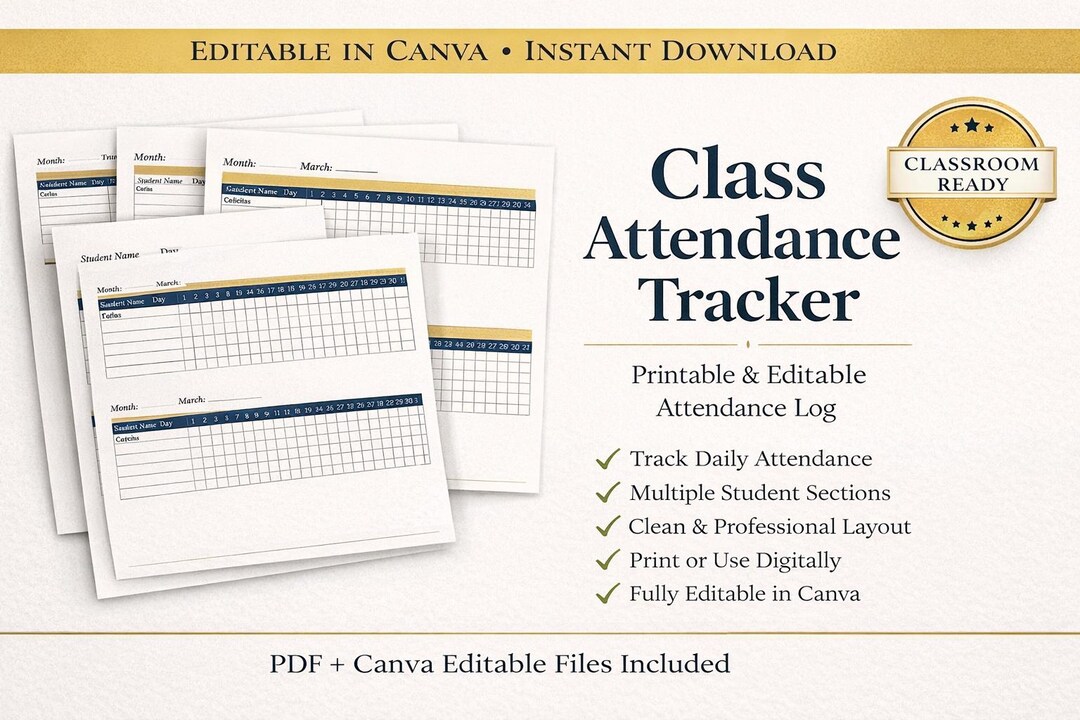Editable Class Attendance Tracker Printable, Teacher Attendance Log ...