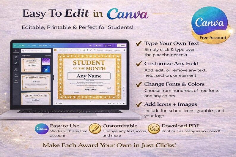 40 Student Award Certificates Bundle Editable Canva | Student of the ...