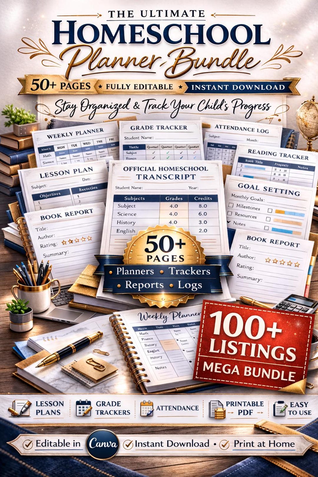 Homeschool Planner Bundle Printable, Editable Canva Homeschool Planner ...