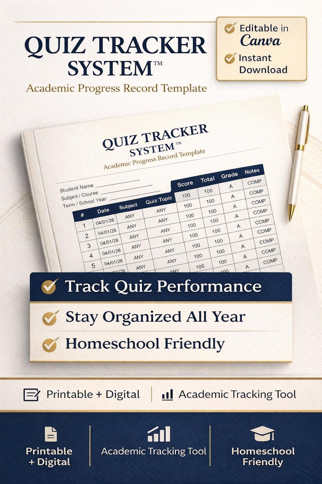 Editable Quiz Tracker Template Canva, Homeschool Grade Tracker ...