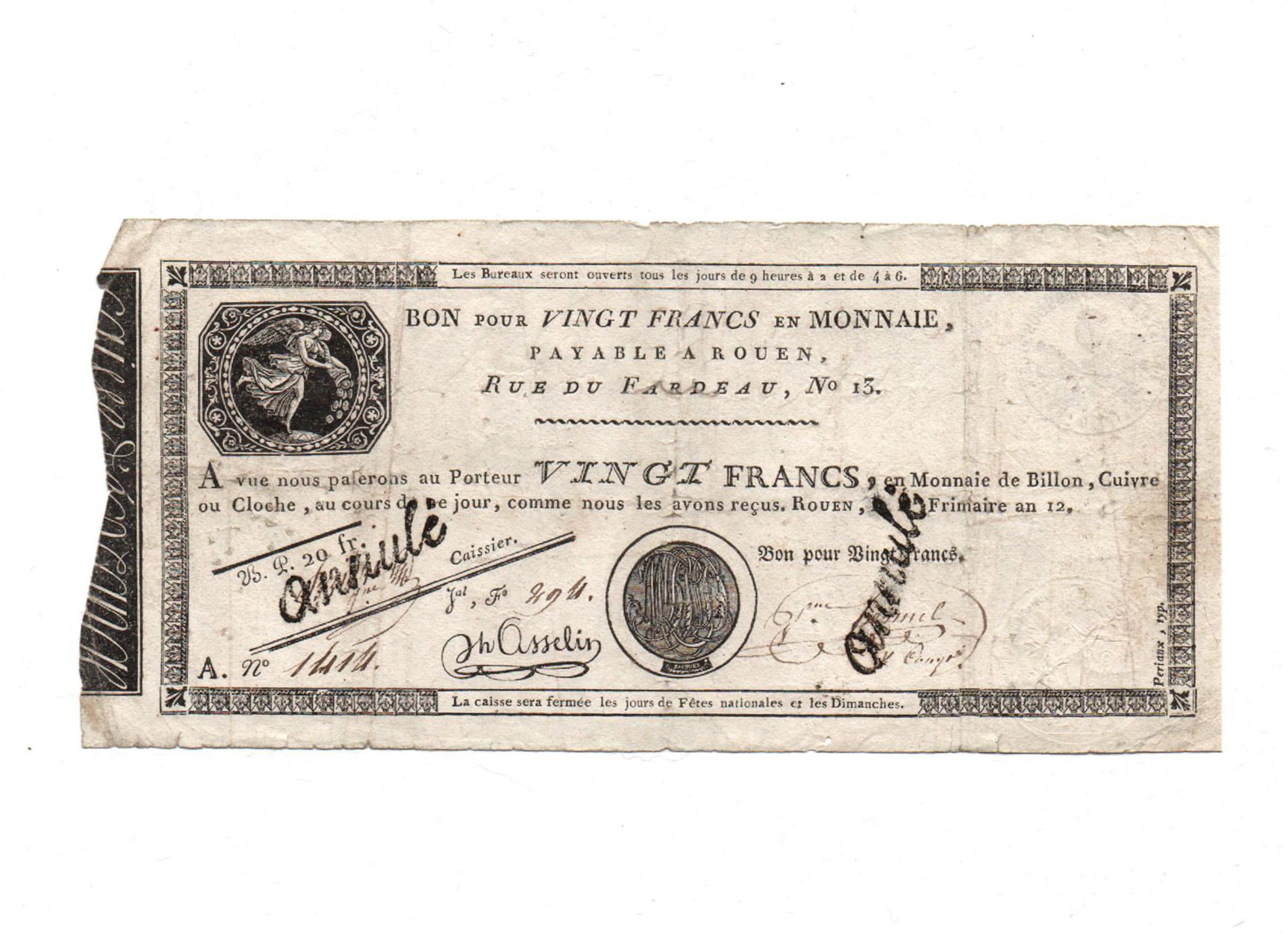Antique French Bearer Bond 20 Francs From 1803, French Revolution ...