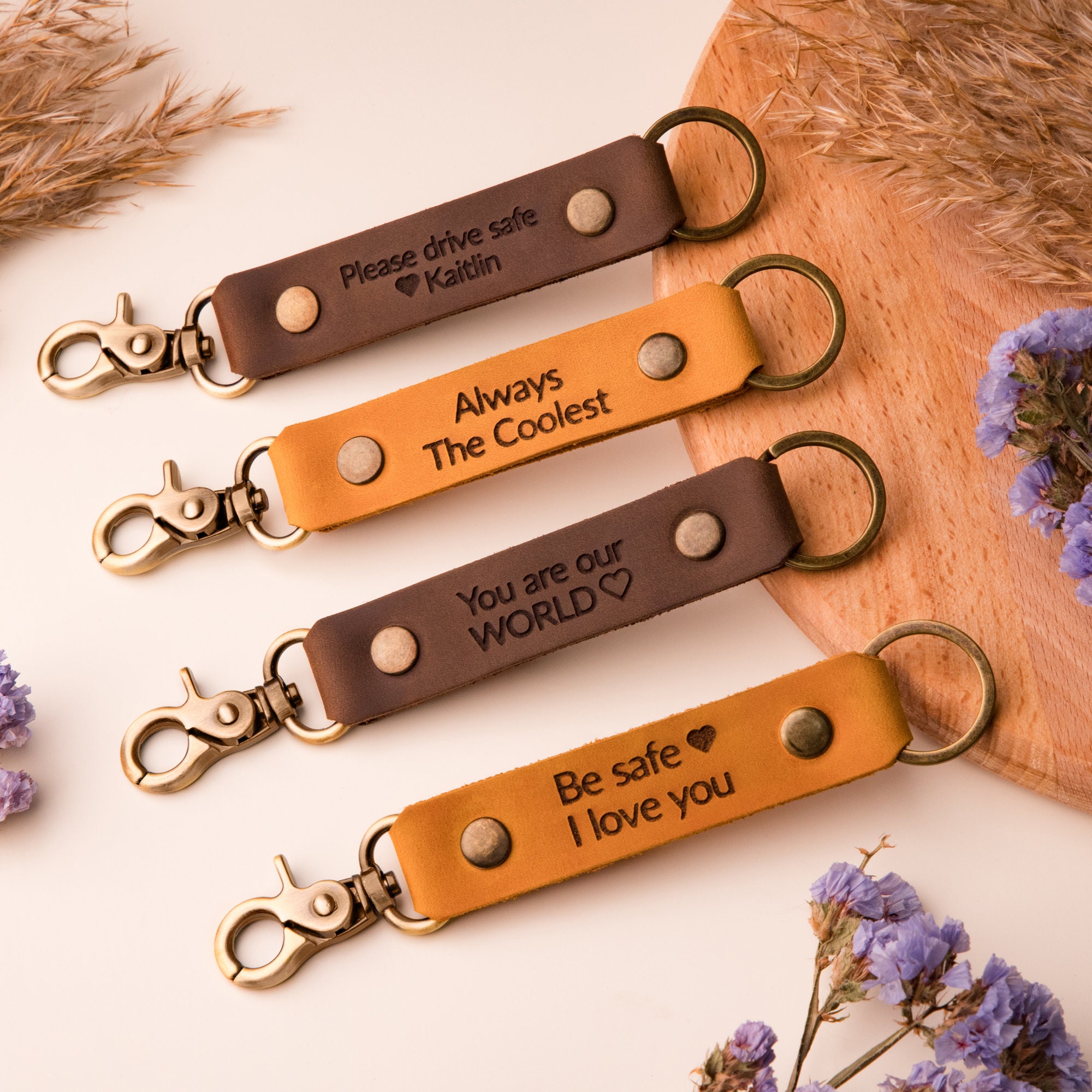 Personalized Drive Safe Leather Keyfob With Snap Hook, Leather Keyring ...