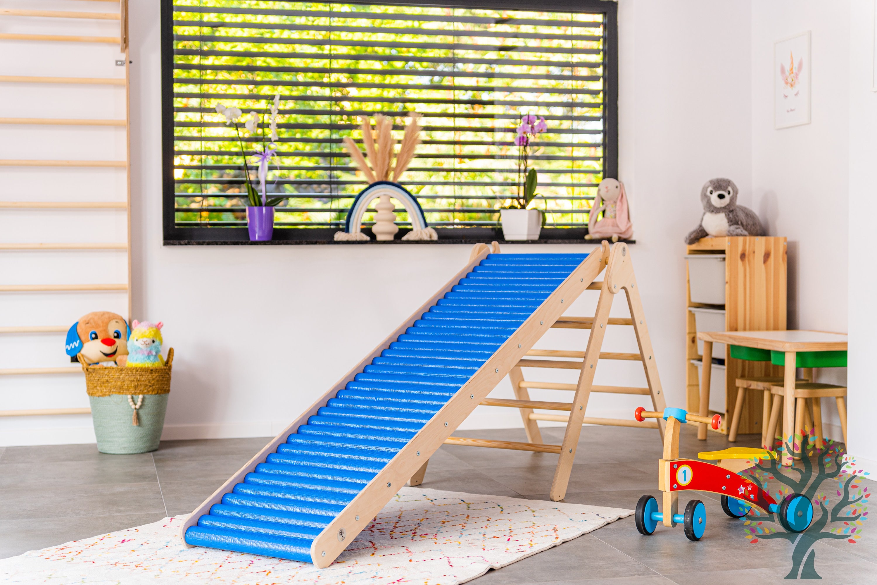 Montessori Rolling Slide With Climbing Triangle, Handmade Wood Playset ...