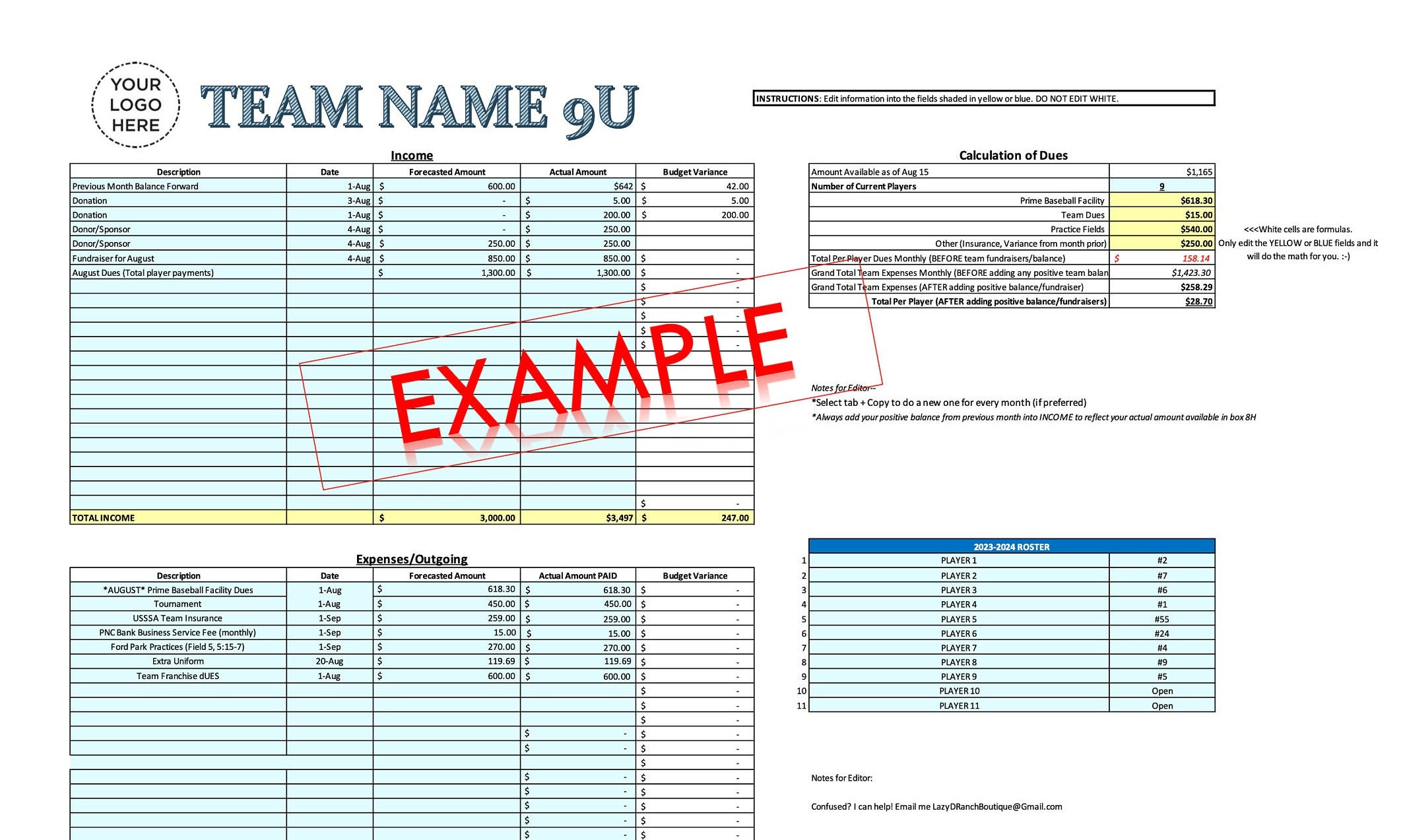 Team Budget Spreadsheet INSTANT DOWNLOAD Edit in Excel - Etsy