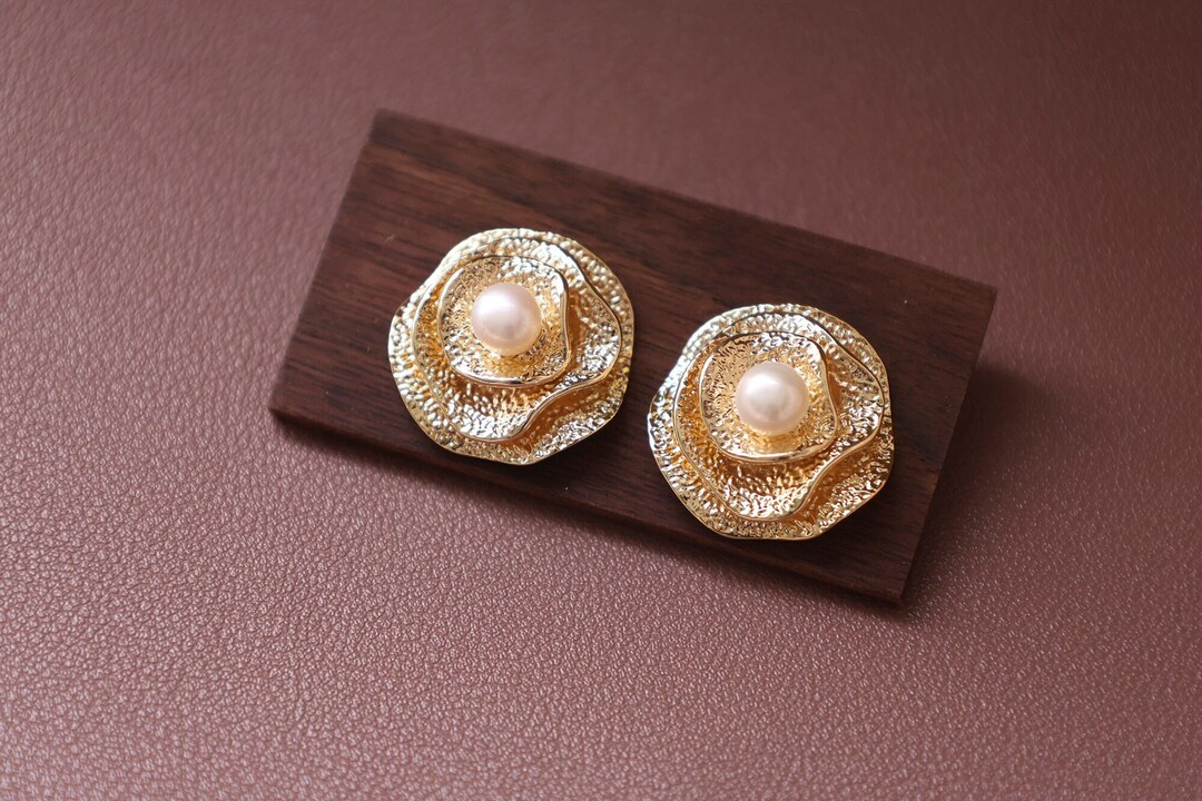 Golden Rose Flower Pearl Earrings, Pearl Stud Earrings, Vintage ...