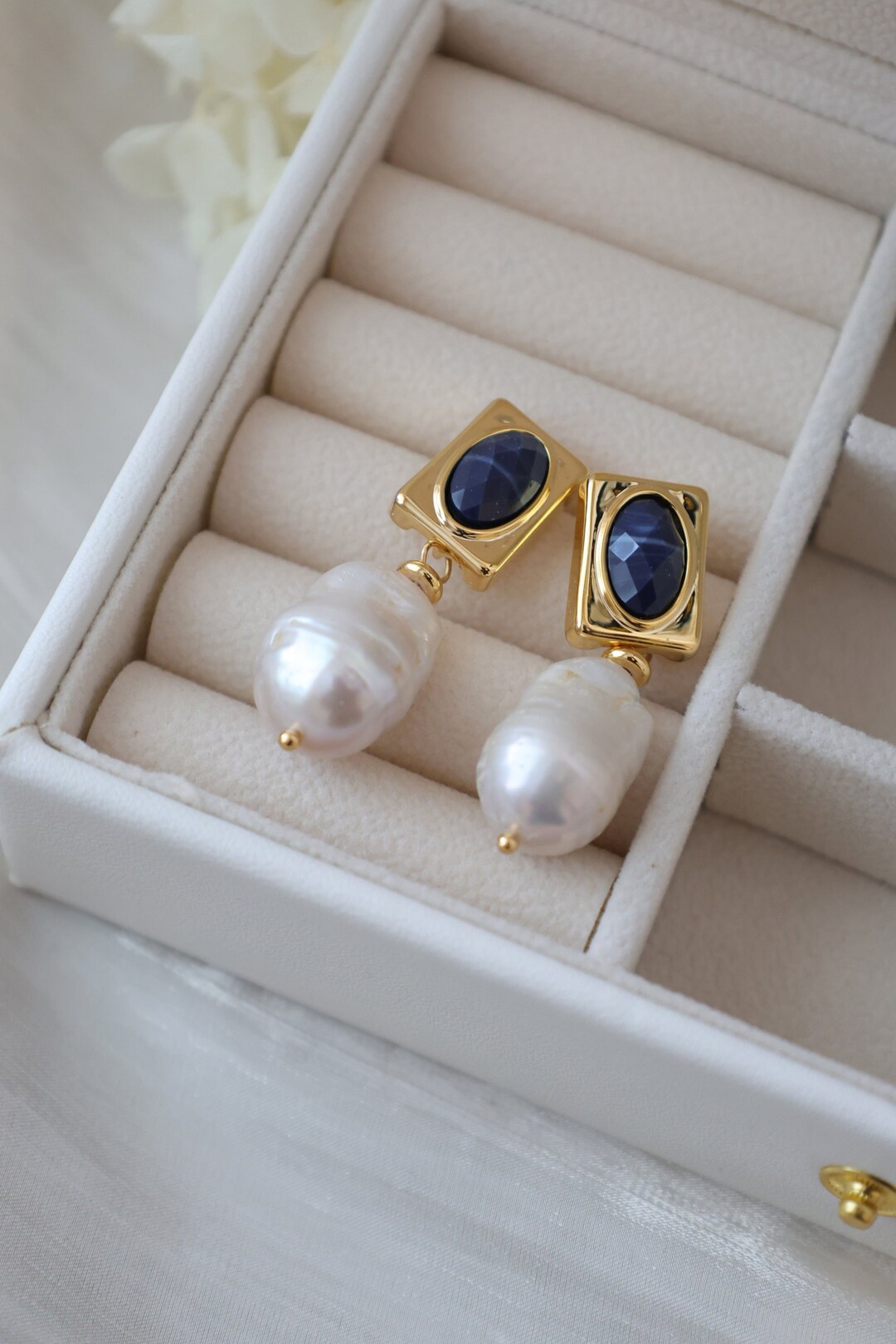 Handmade Elegant Bluestone Large Baroque Pearl Earrings / Natural ...