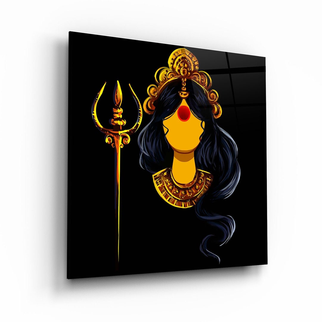 Divine Radiance: Devi With Trishul Yellow Color Glass Wall Art for ...