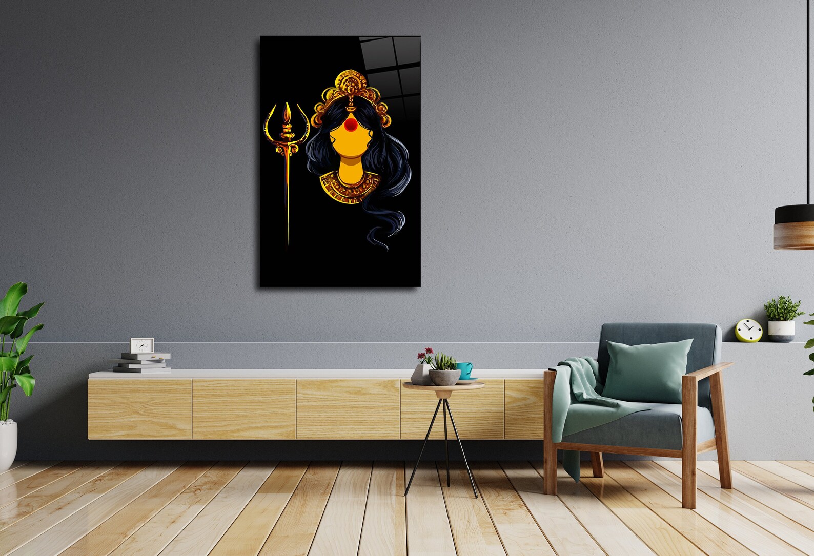 Divine Power Unleashed: Devi With Trishul Glass Wall Art for Spiritual ...