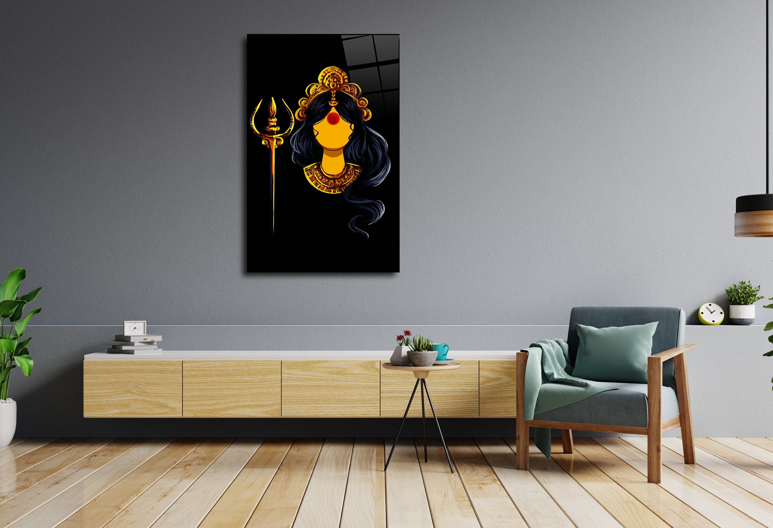 Divine Power Unleashed: Devi With Trishul Glass Wall Art for Spiritual ...