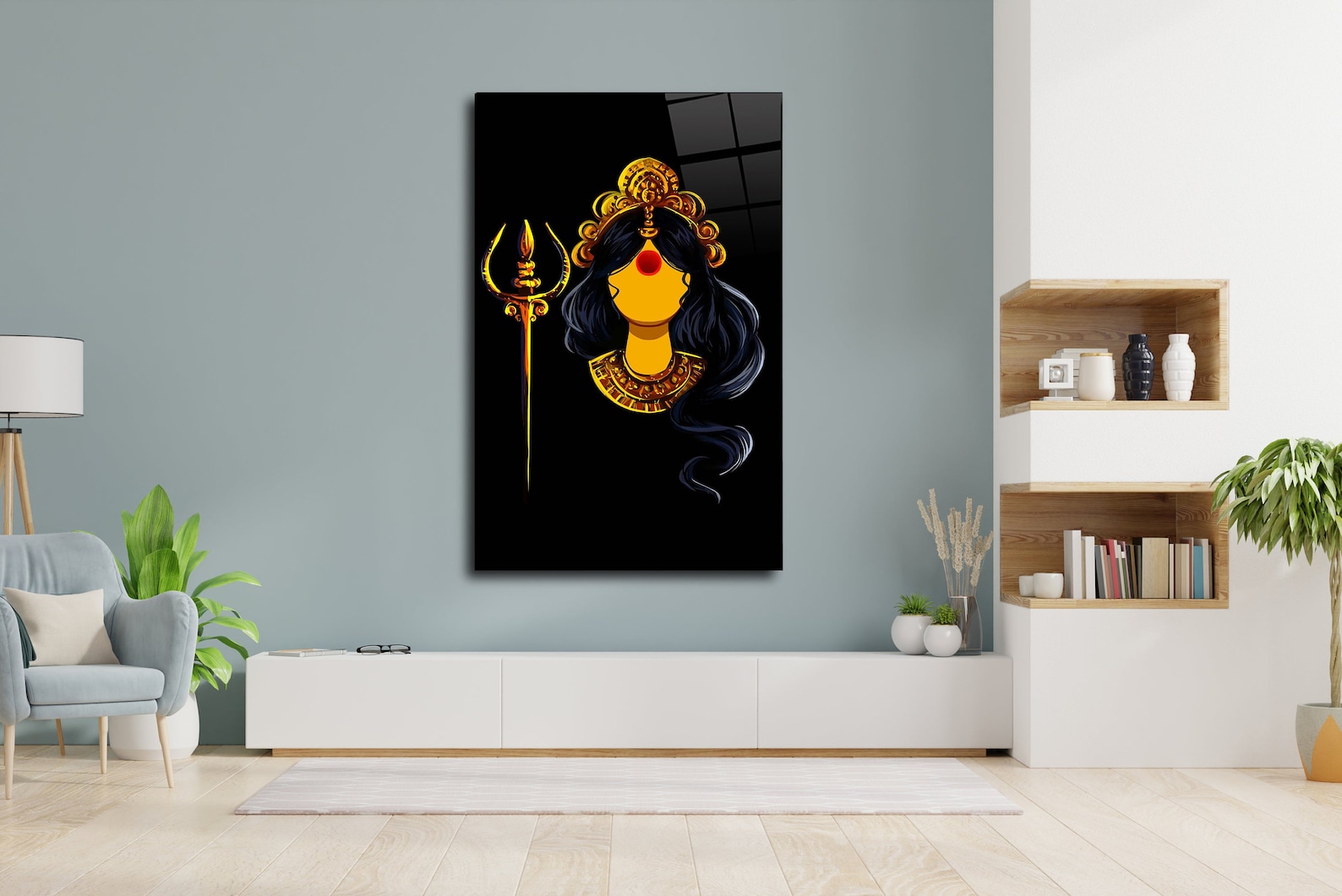 Divine Power Unleashed: Devi With Trishul Glass Wall Art for Spiritual ...