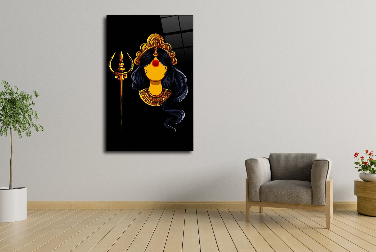 Divine Power Unleashed: Devi With Trishul Glass Wall Art for Spiritual ...