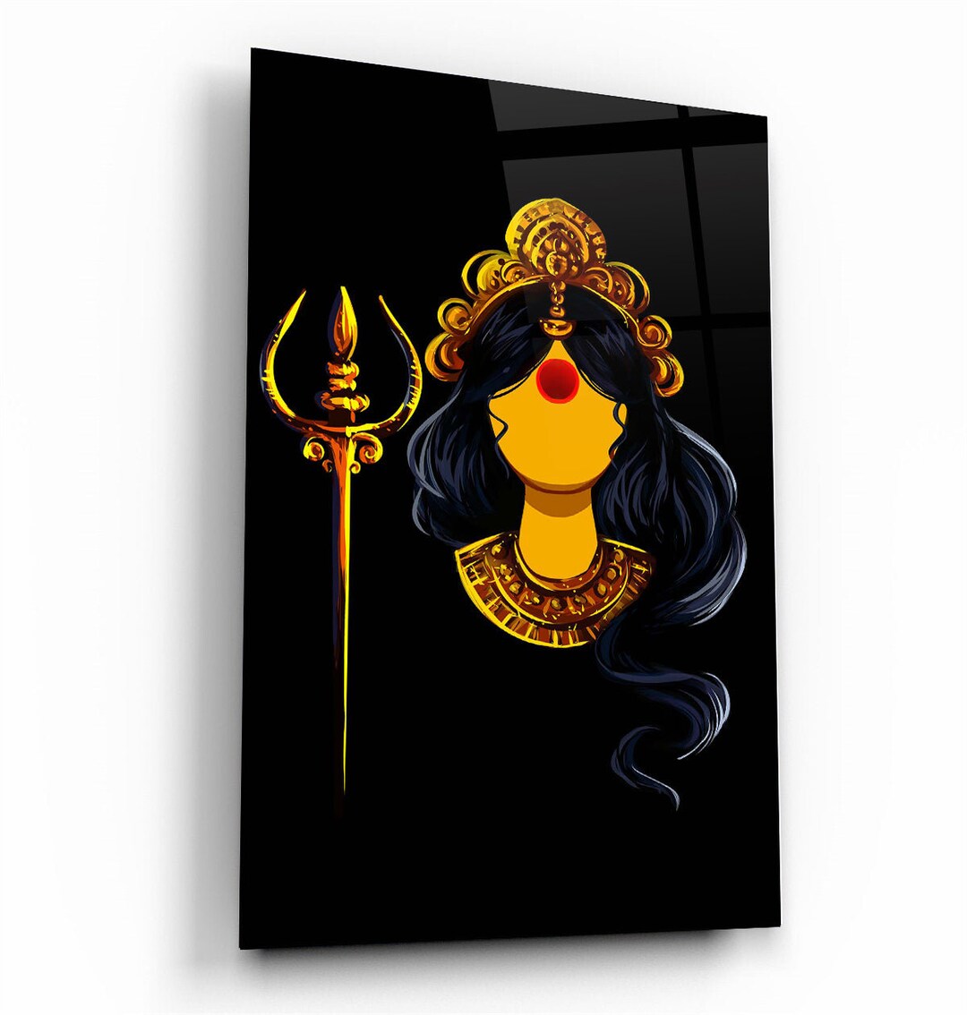 Divine Power Unleashed: Devi With Trishul Glass Wall Art for Spiritual ...