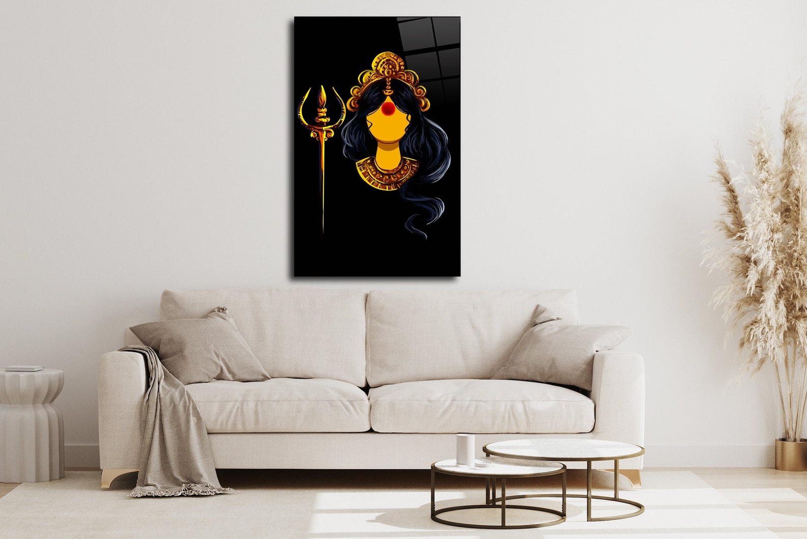 Divine Power Unleashed: Devi With Trishul Glass Wall Art for Spiritual ...