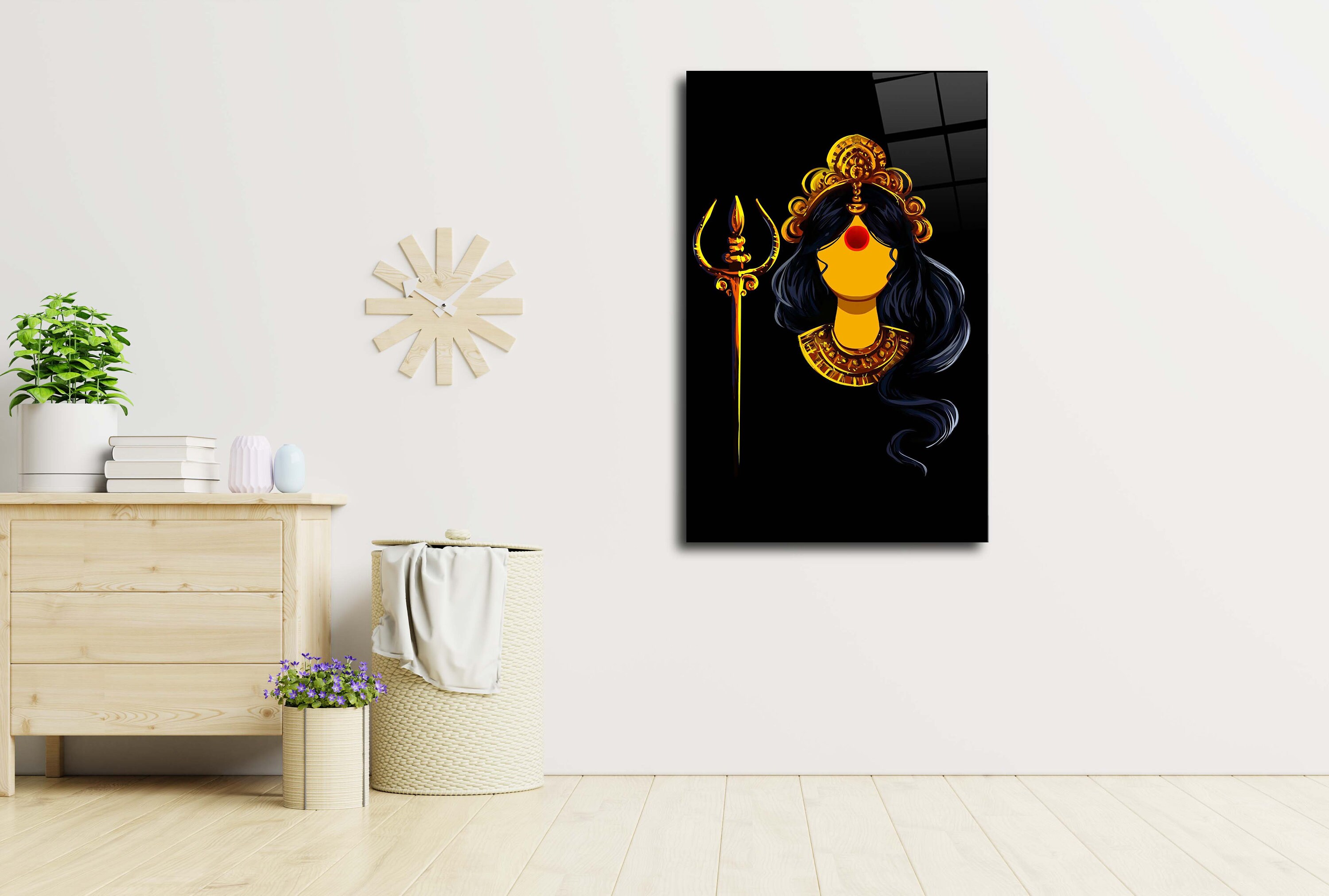Divine Power Unleashed: Devi With Trishul Glass Wall Art for Spiritual ...