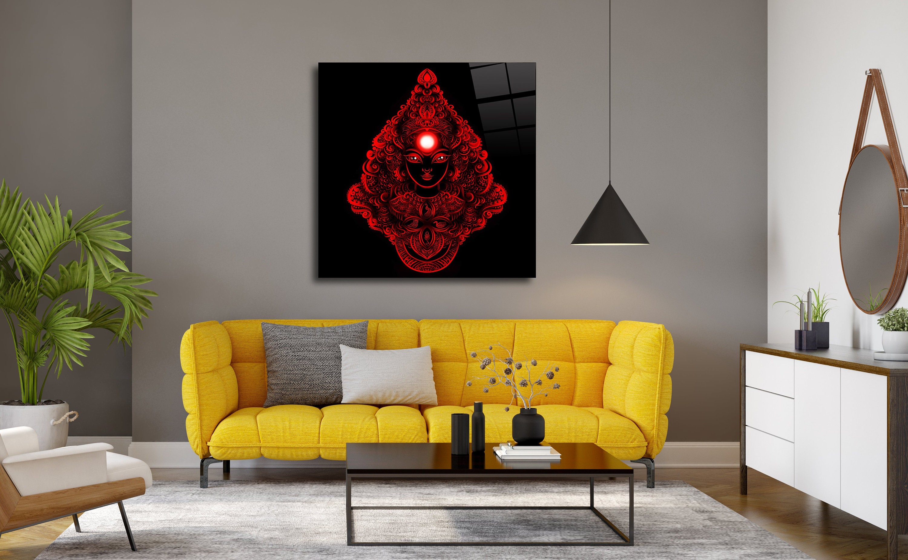 Divine Grace: Devi in Red Color Glass Wall Art for Strength and ...