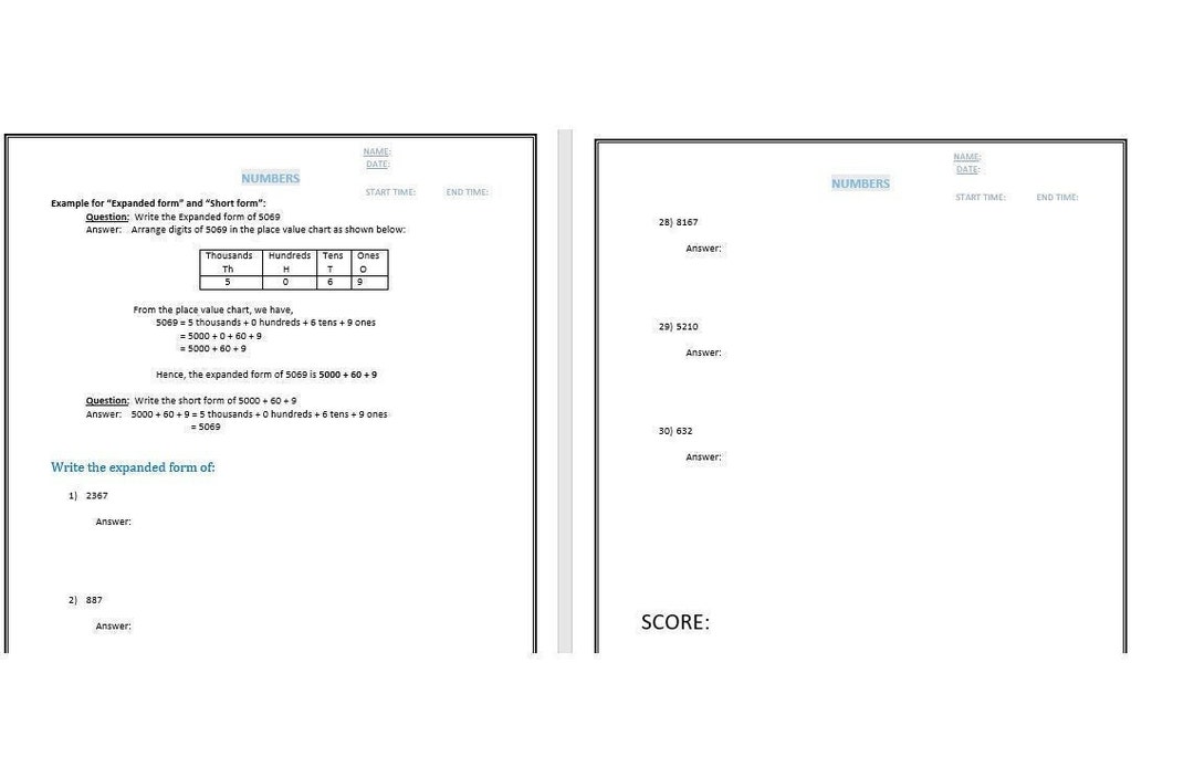 Maths Test Sheets for School Kids Which Can Be Scored - Number - Place ...