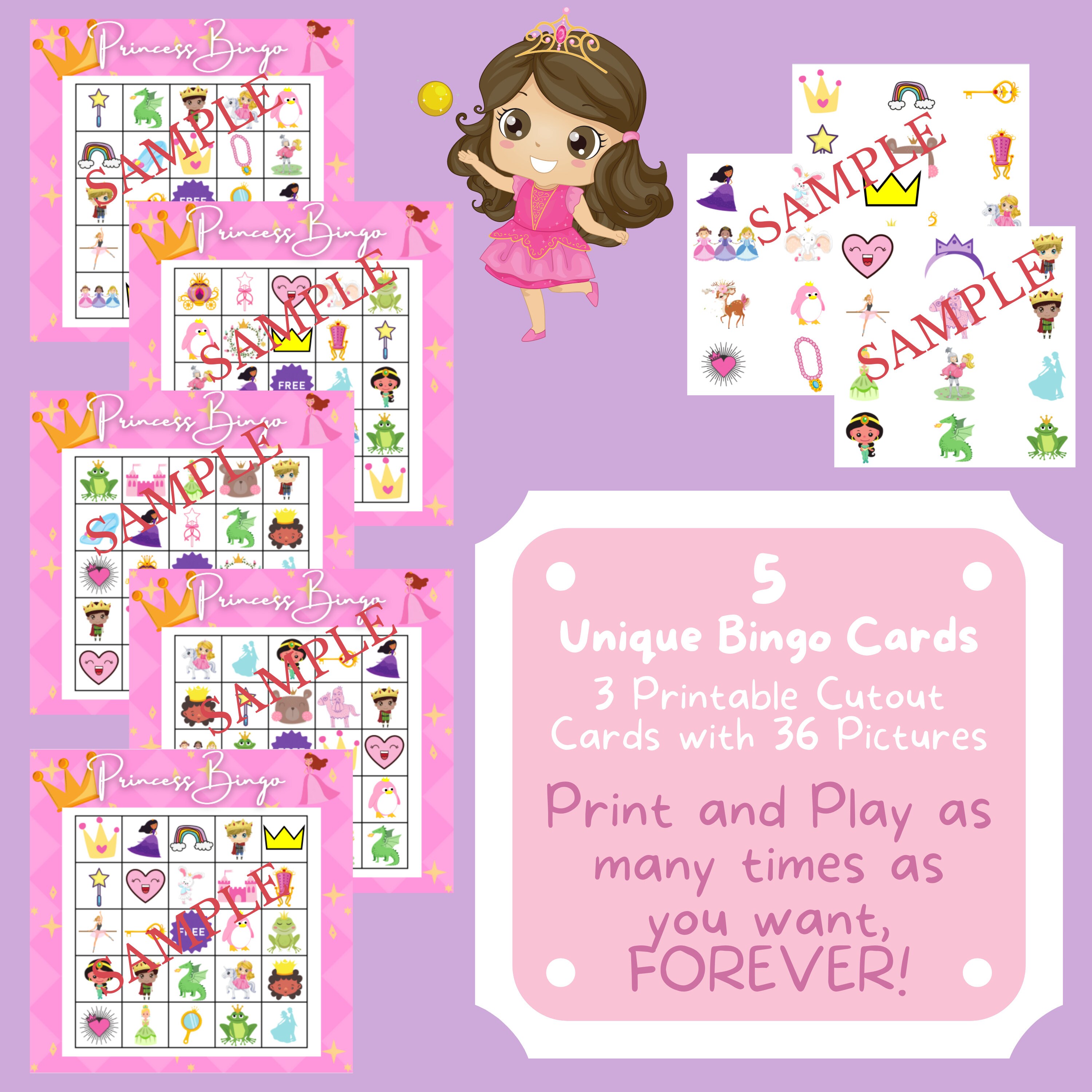 Kids Princess Bingo Game Digital Download Print at Home 5 Unique Cards ...