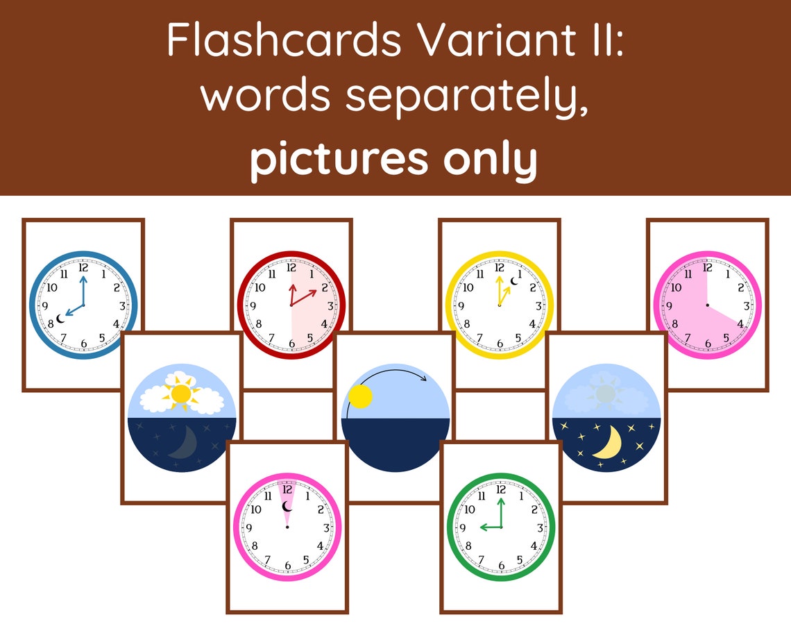 64 Clock Time Flashcards Hours Parts Of Day Printable Flashcards