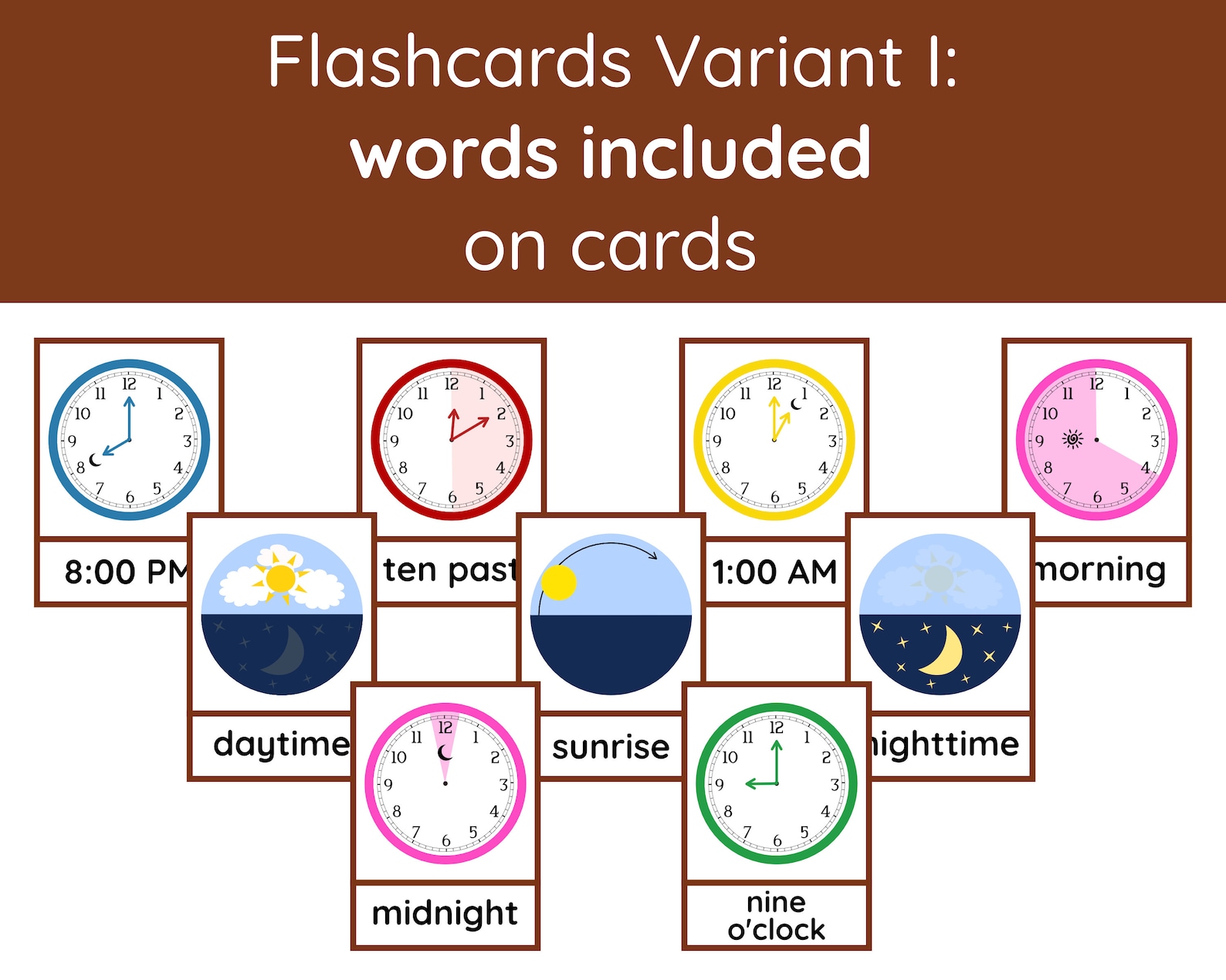 64 CLOCK, TIME Flashcards | Hours, Parts of Day | Printable Flashcards ...