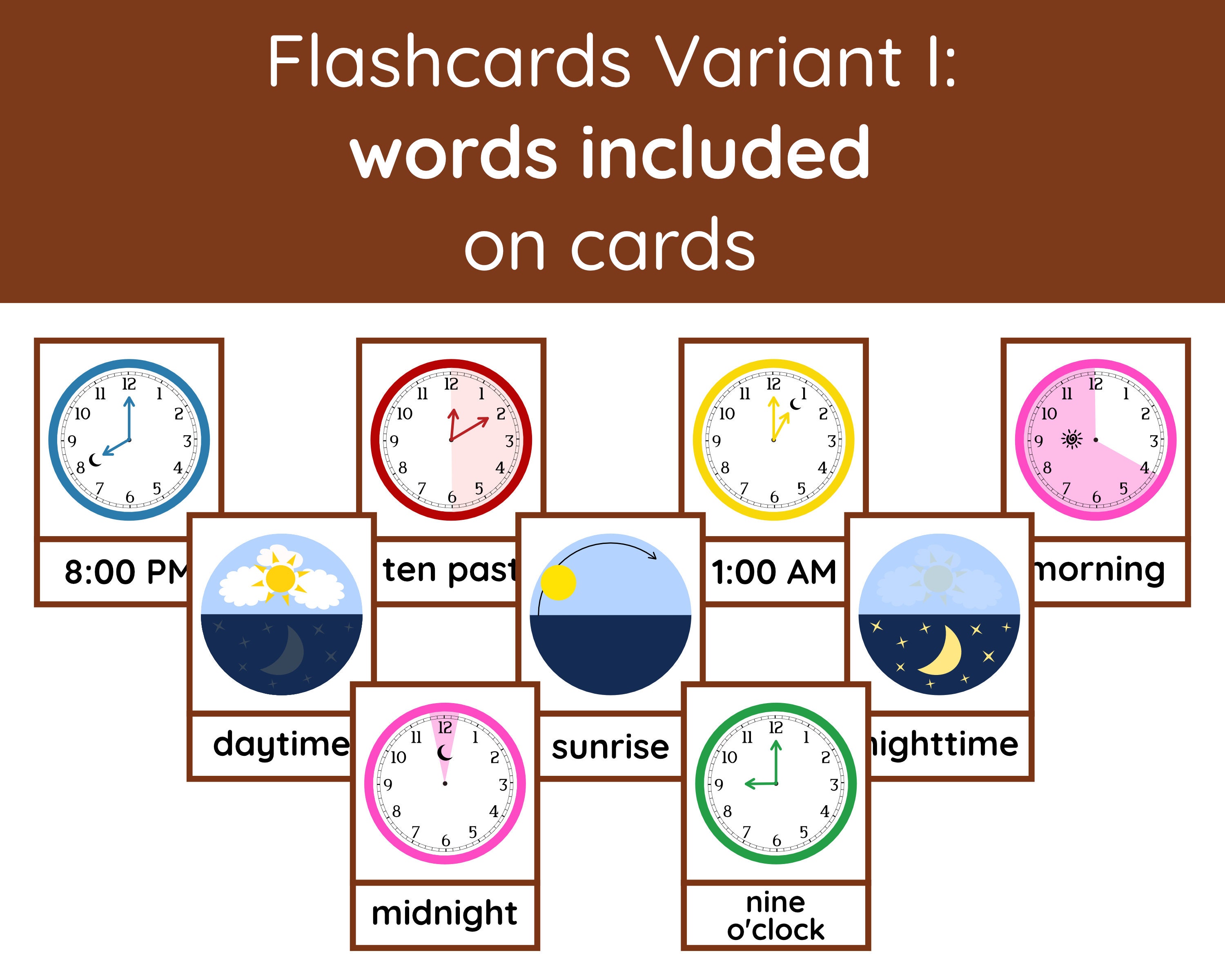 64 CLOCK, TIME Flashcards | Hours, Parts of Day | Printable Flashcards ...