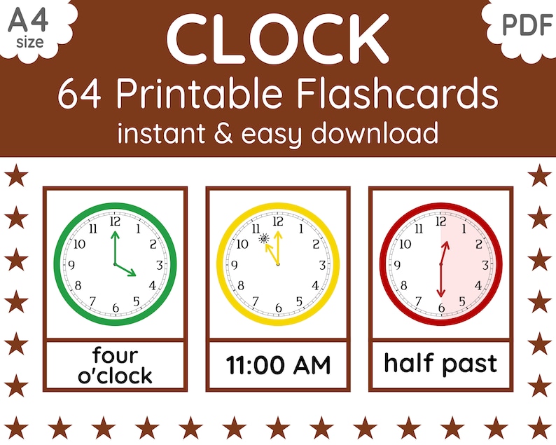 64 CLOCK, TIME Flashcards | Hours, Parts of Day | Printable Flashcards ...