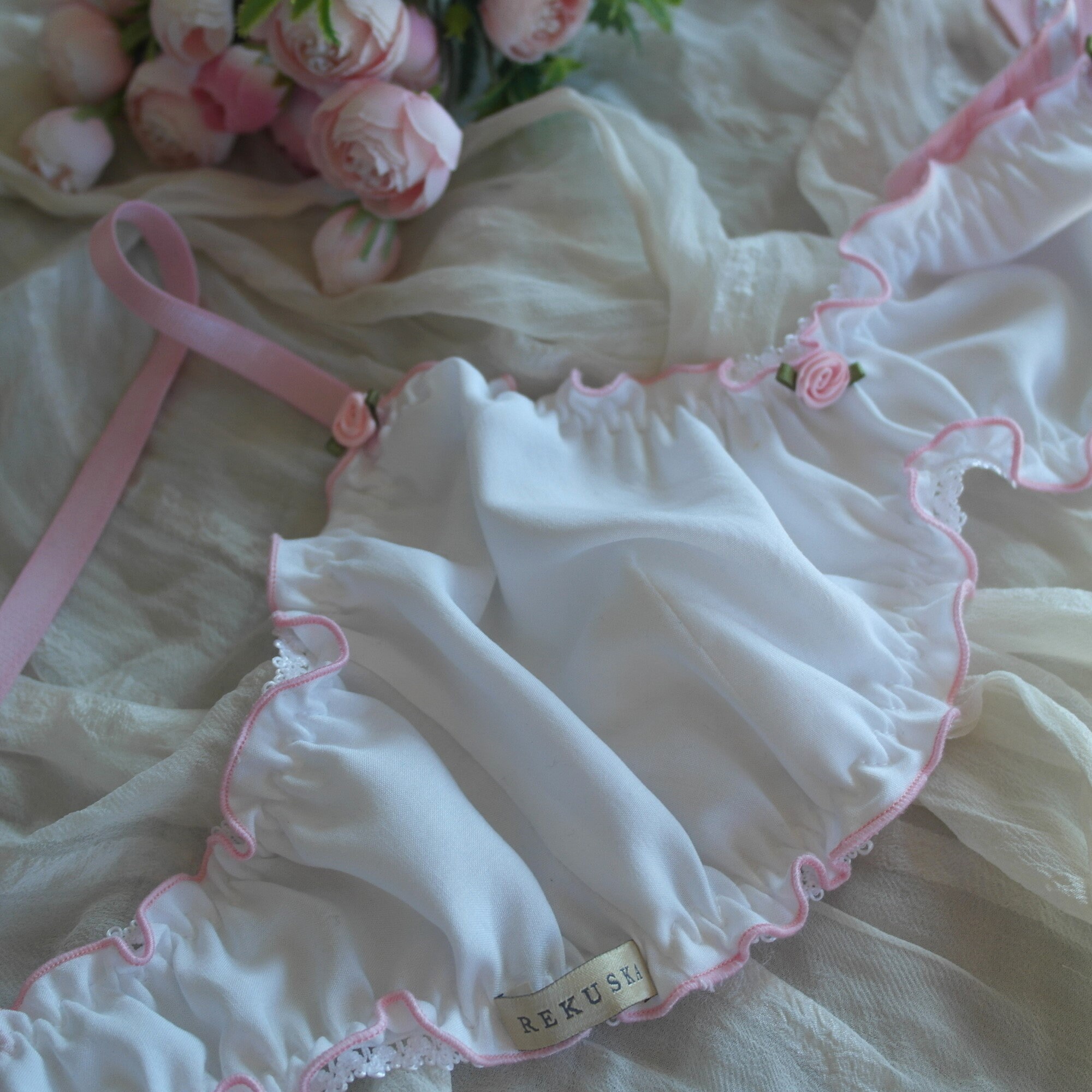 White Frilly Cotton Bralette: Handmade Bra With Pink Satin Rose XS-L - Etsy