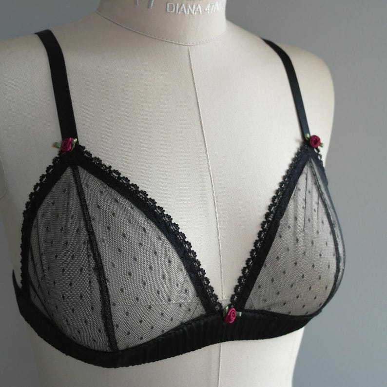 Black Dotted Tulle Triangle Bra: Mesh Transparent Bralette With Satin ...