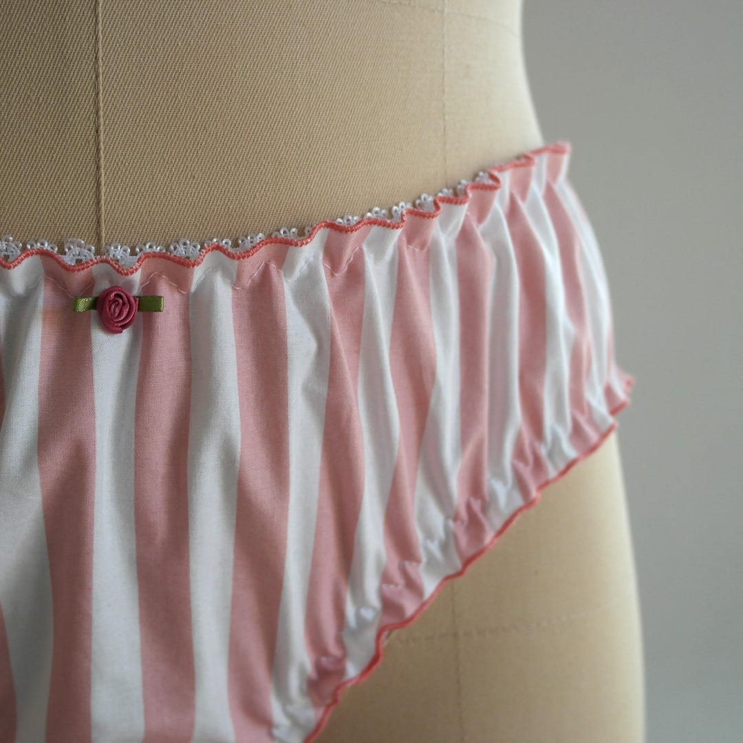 Old Rose and White Striped Cotton Bloomer: Frilly Edge Pink Panty XS-L ...