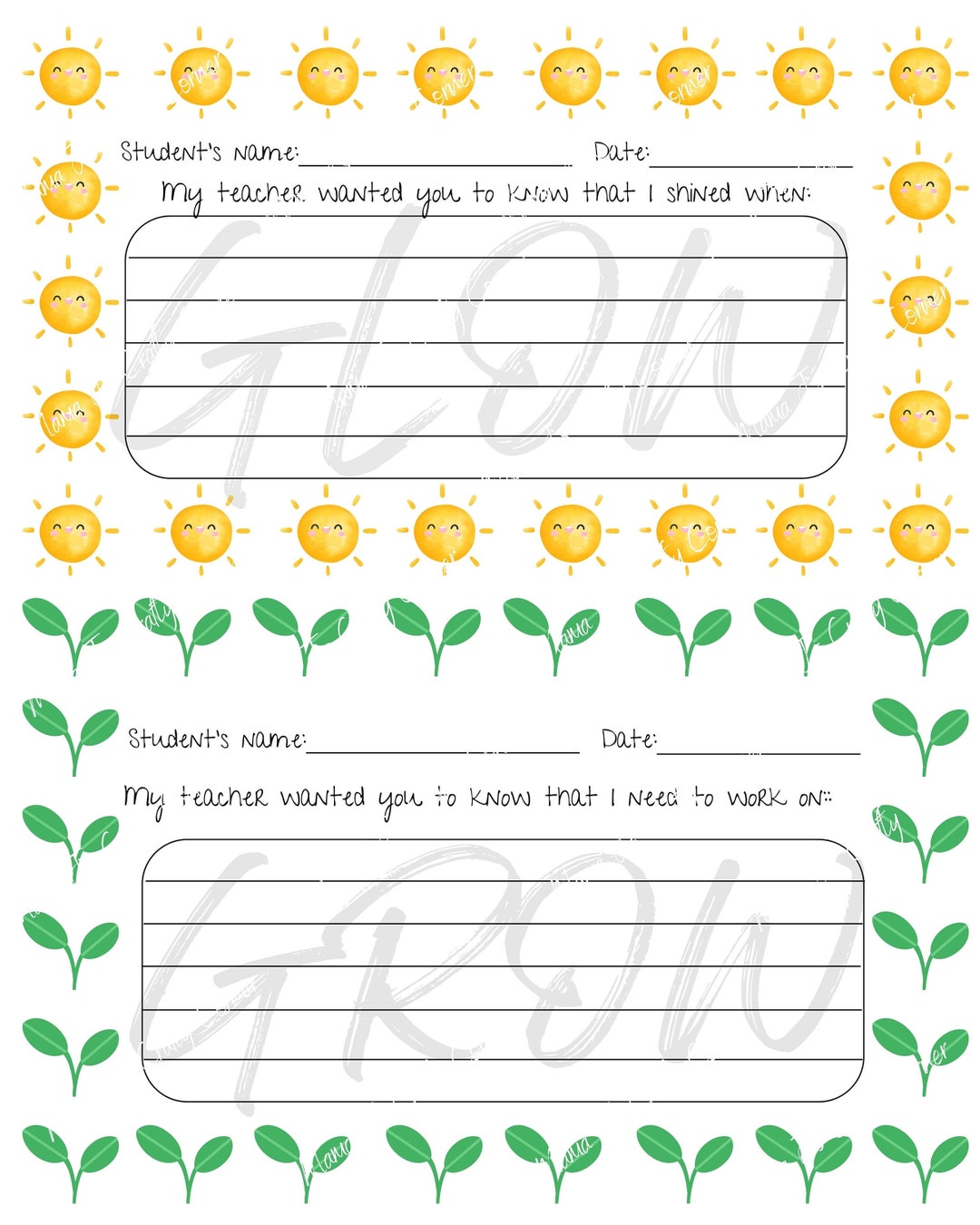 Glow or Grow Take Home Notes Self-print Classroom Management Behavior ...