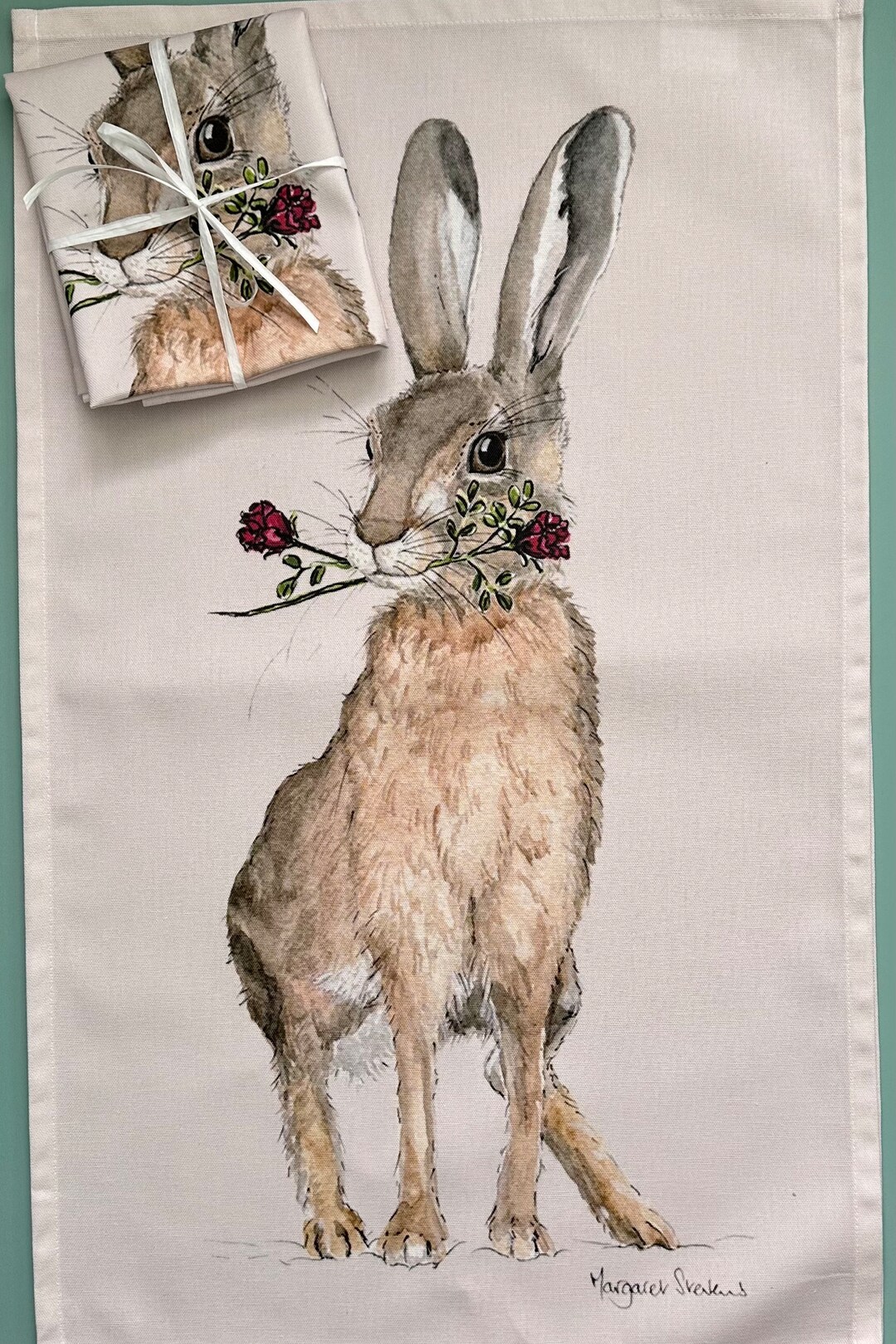Gorgeous Hare and Roses Tea Towel, - Etsy