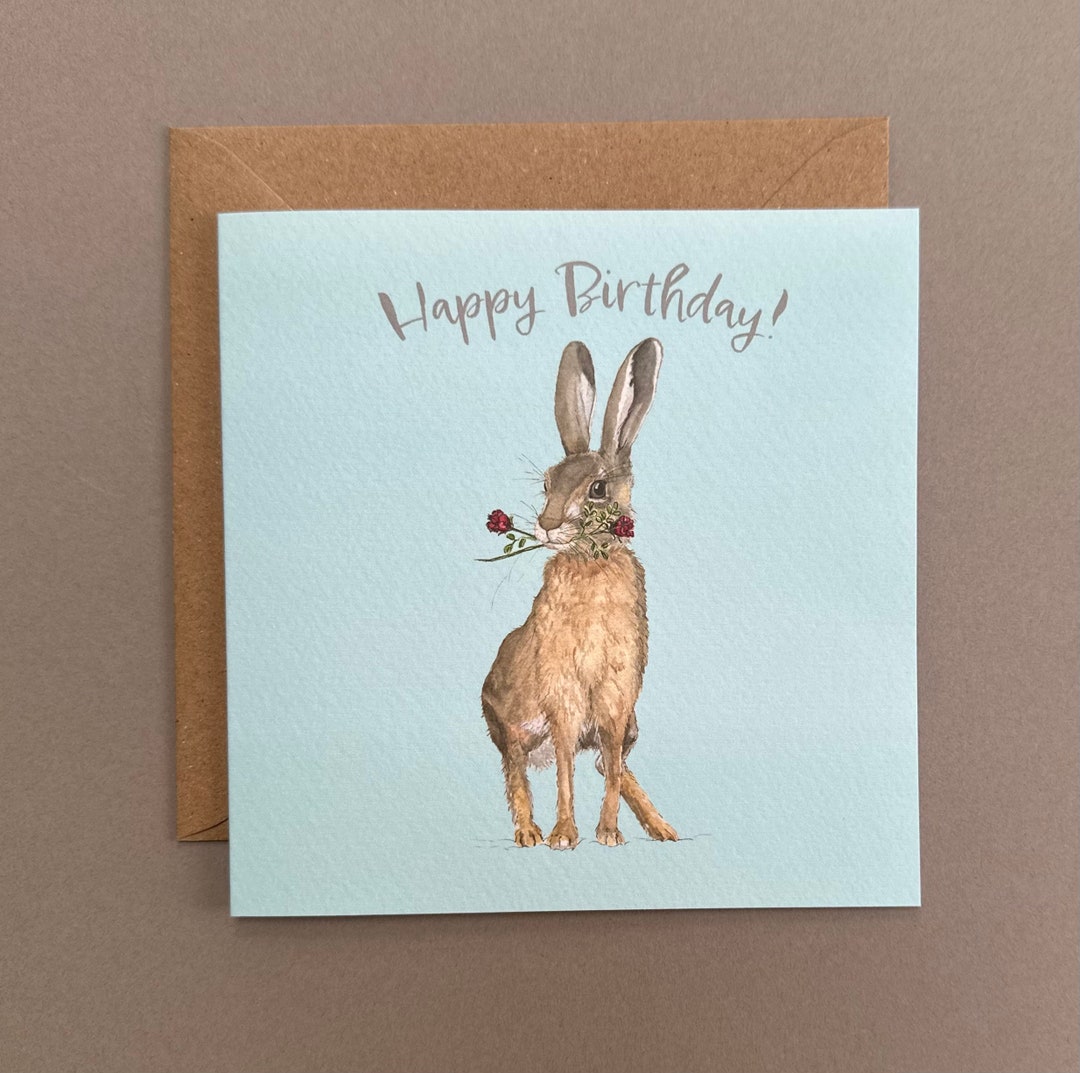 Hare With Roses Birthday Card: Watercolour Art, Kraft Envelope - Etsy