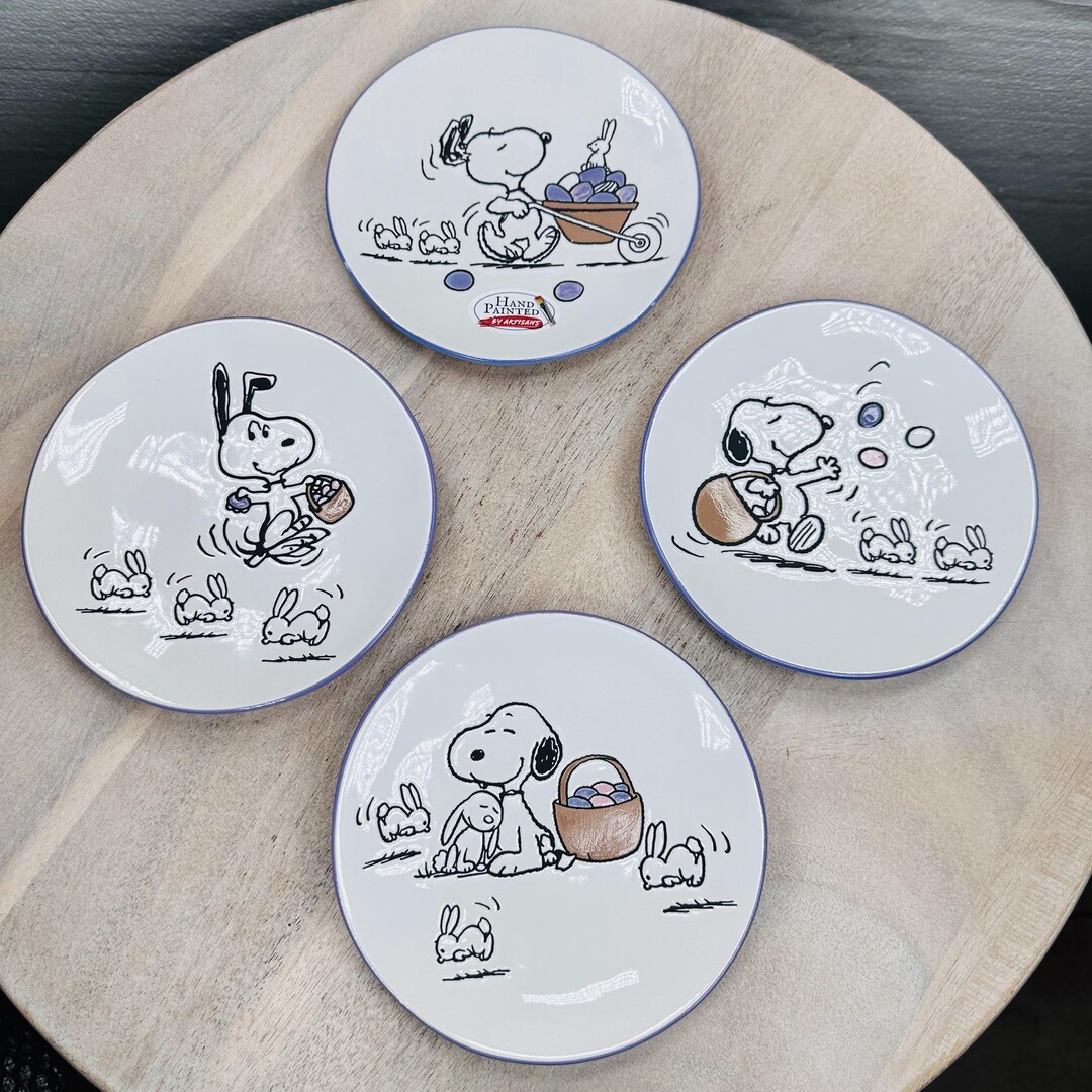 PEANUTS Snoopy & Woodstock Easter Spring Appetizer Plate Set 6” NEW! 4 ...