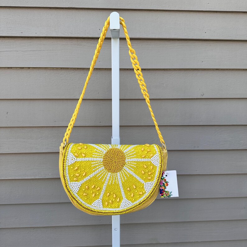 Beaded Yellow Lemon Crescent Slice Embellished Handbag Purse Yellow ...