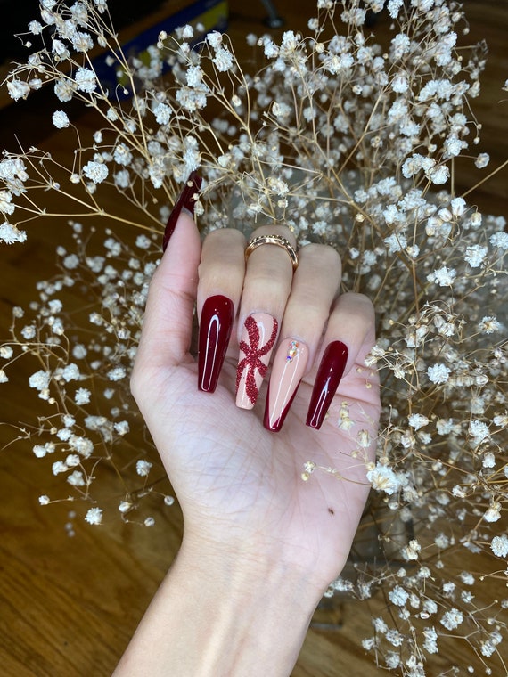 Burgundy Xmas Nails Design Coffin Press on Nails With Glitter Shine Cute Press on Nails Winter Press on Nails Glitter Nails Xmas Nail Etsy Australia