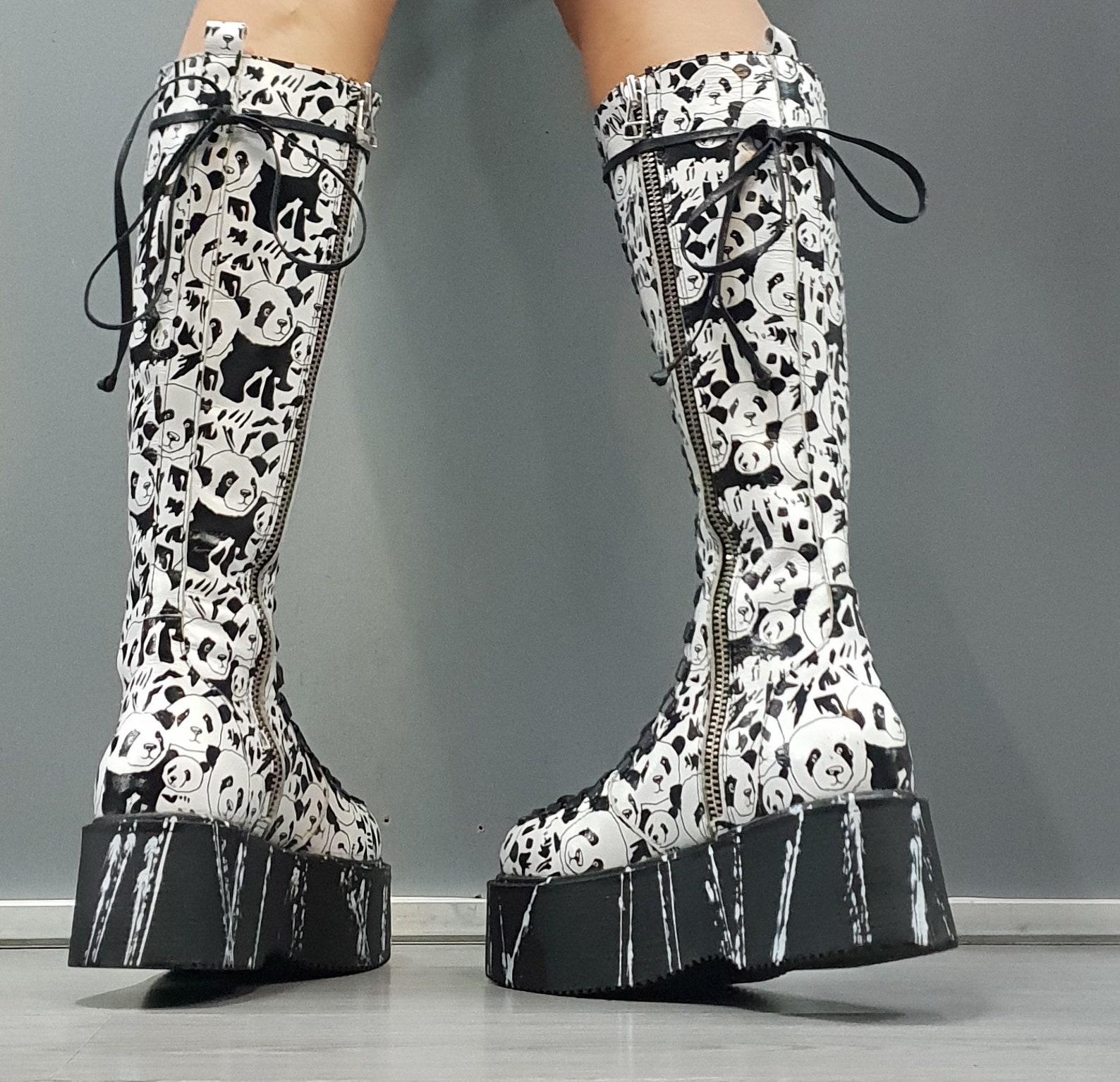 Genuine Women High Boots Panda Print Boots Black Platform - Etsy