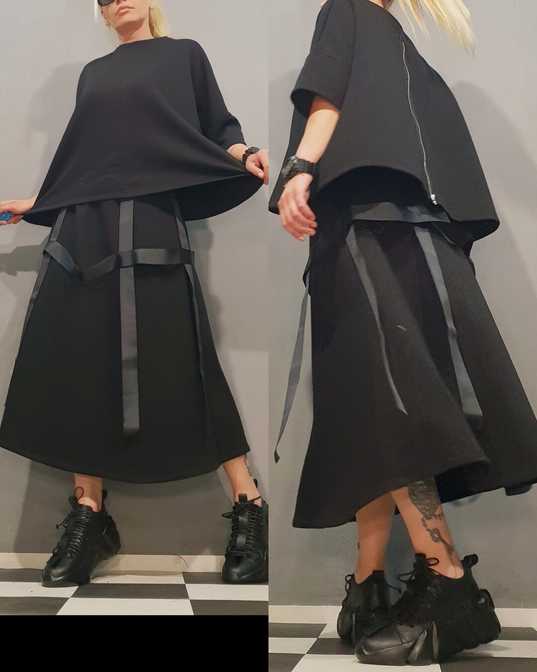 Avant Garde Black Skirt Outfit – Designer Loose Blouse and Tie Wrap ...